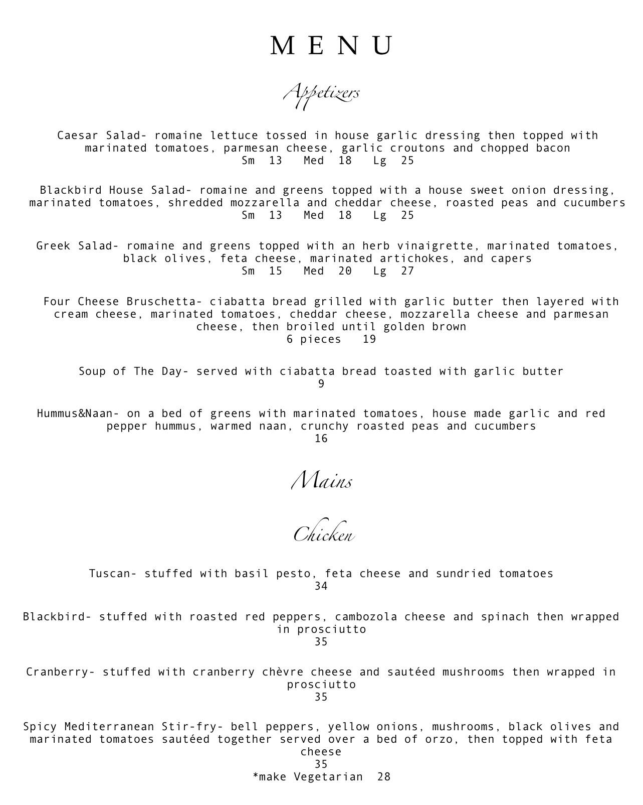 Menu at Blackbird Cafe, Burnstown