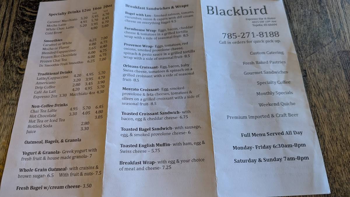 Menu at Blackbird Espresso Bar and Bistro, Topeka