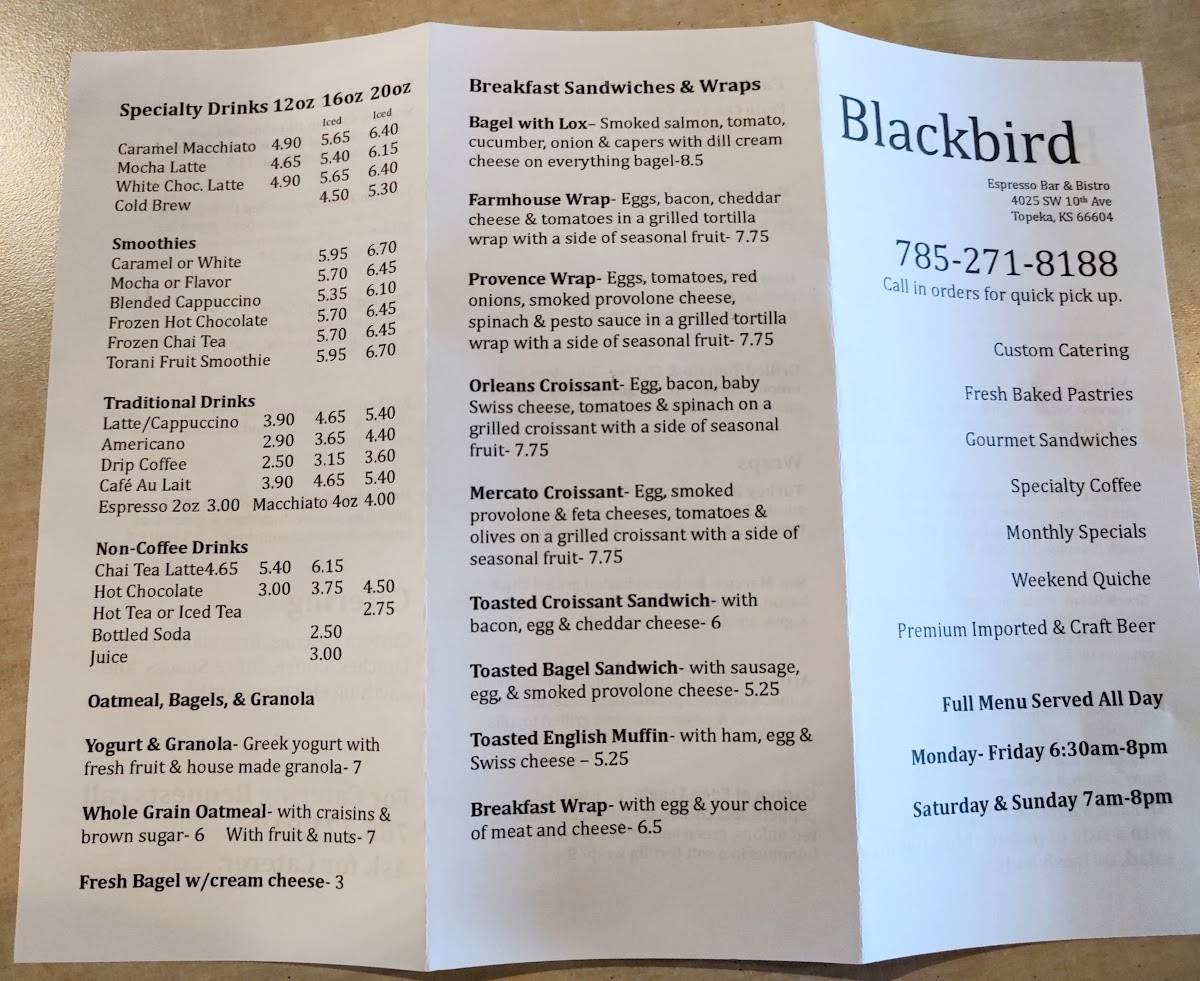 Menu at Blackbird Espresso Bar and Bistro, Topeka