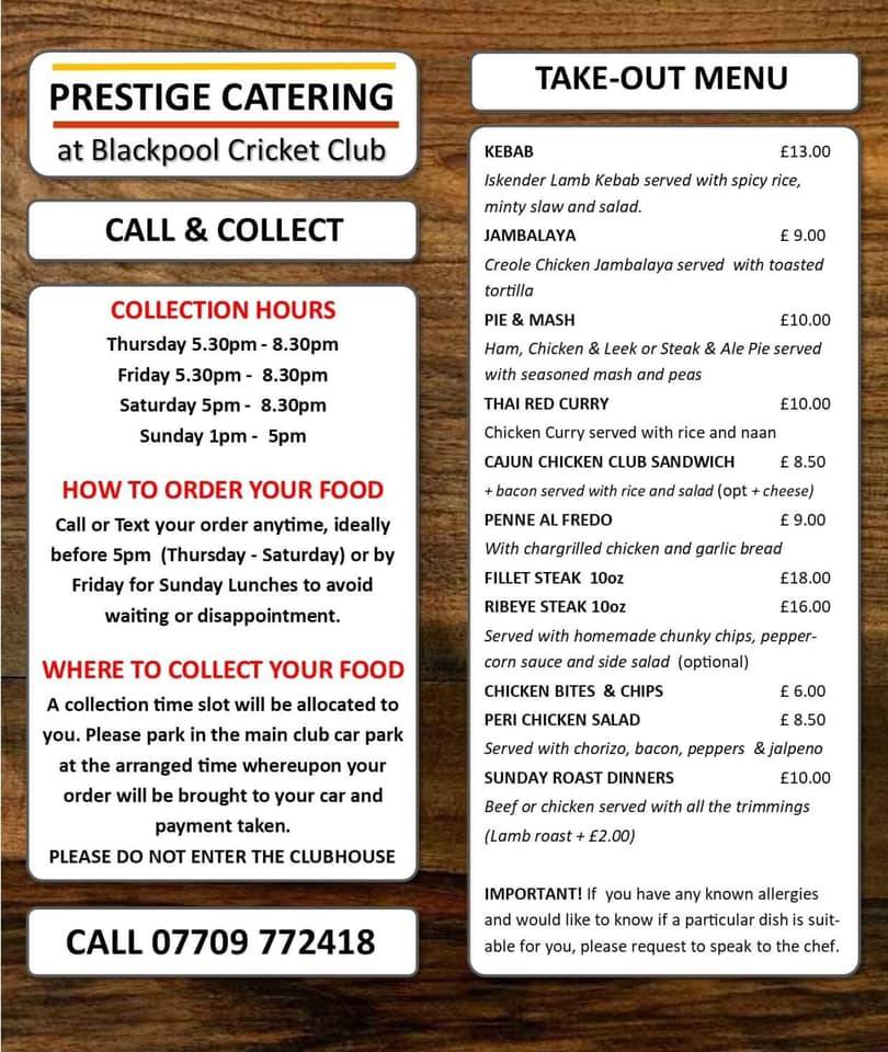 Menu at Blackpool Cricket Club Blackpool, Blackpool