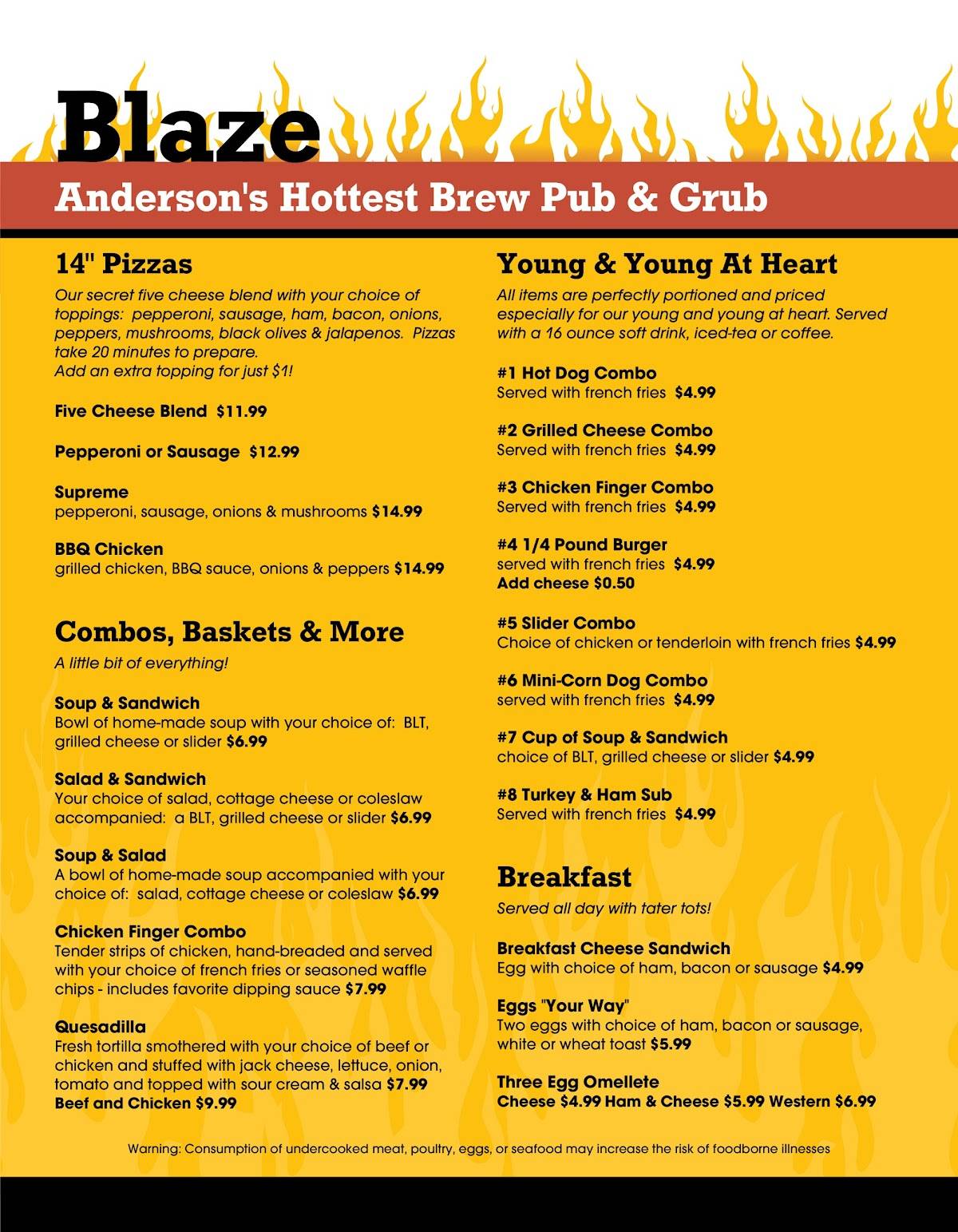 Menu at Blaze Brew Pub, Anderson