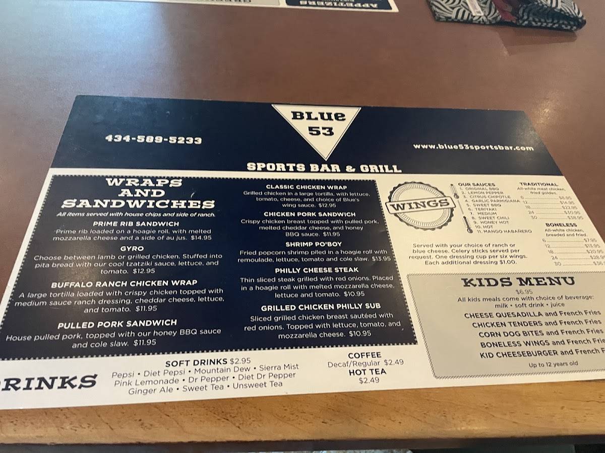 Menu at Blue 53 Sports Bar & Grille, Lake Monticello