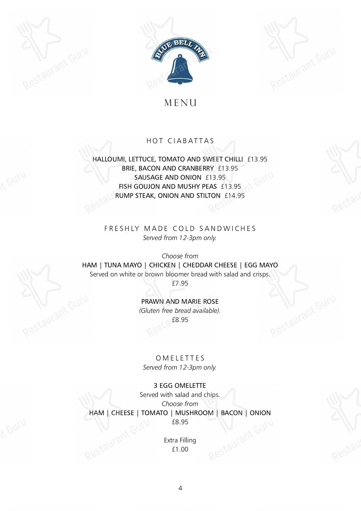 Menu at Bluebell Inn pub & bar, Congleton