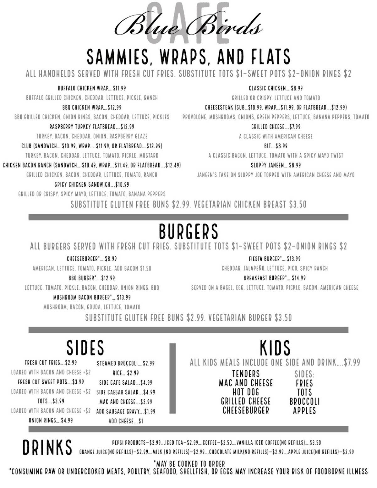 Menu at Blue Birds Cafe, Salisbury
