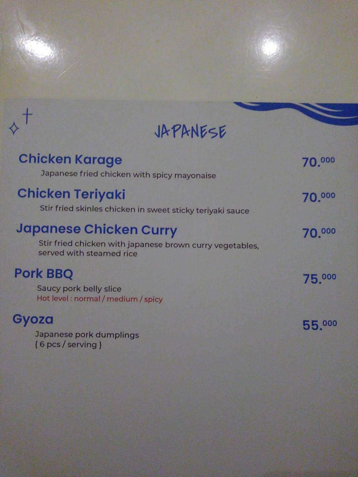 Menu at Blue Moon Bali restaurant, Mengwi