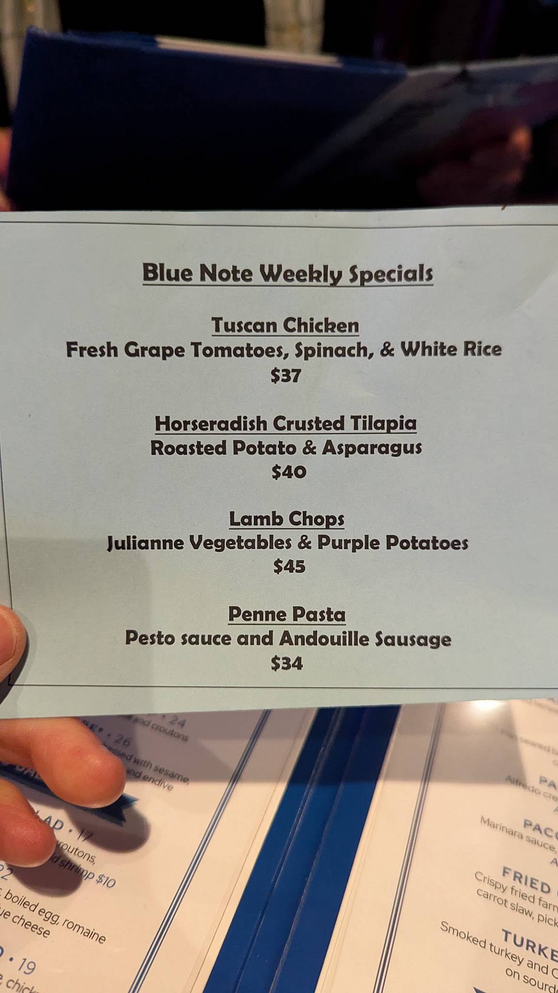 Menu at Blue Note pub & bar, New York City
