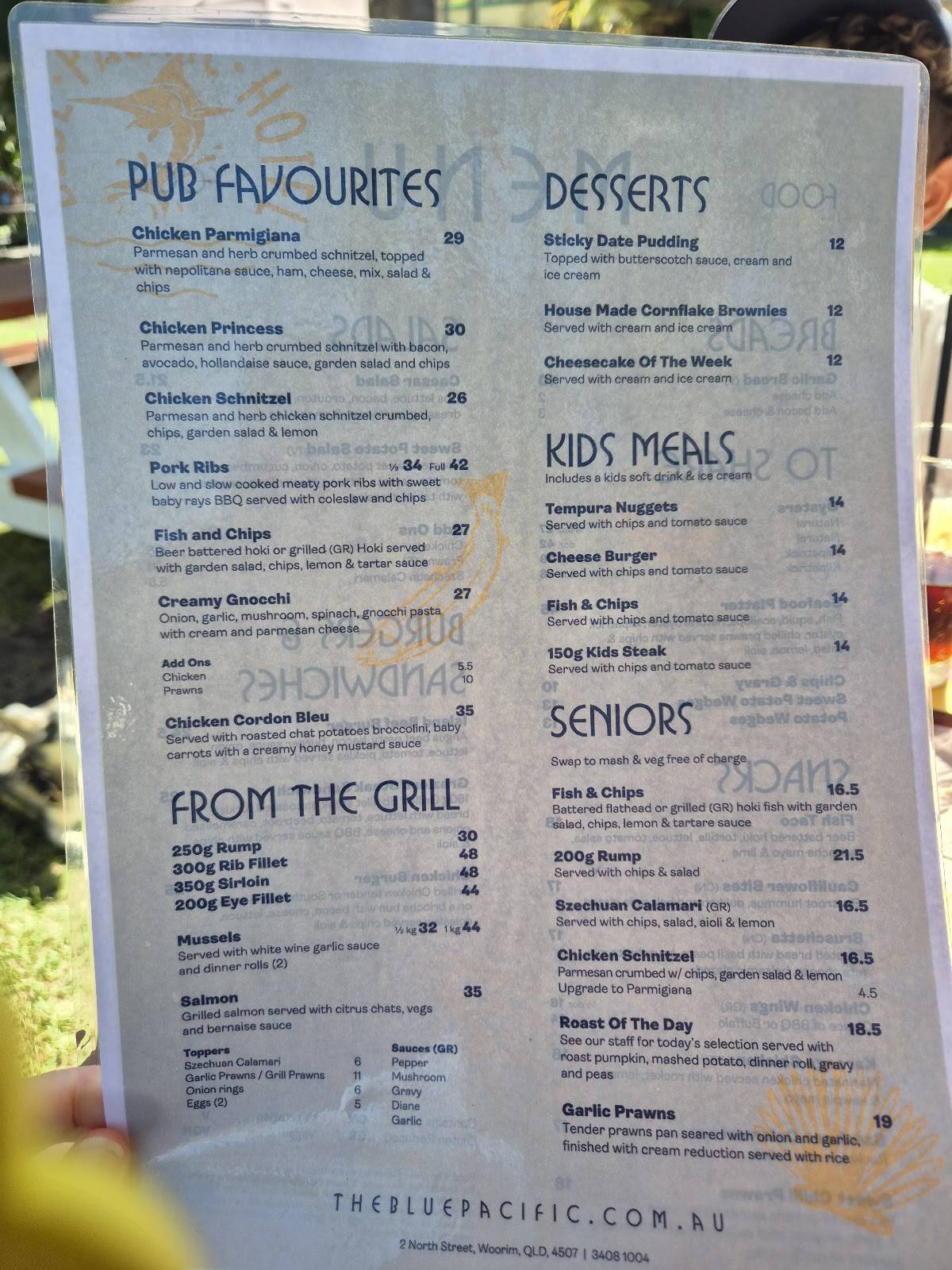 Menu at Blue Pacific Hotel restaurant, Woorim