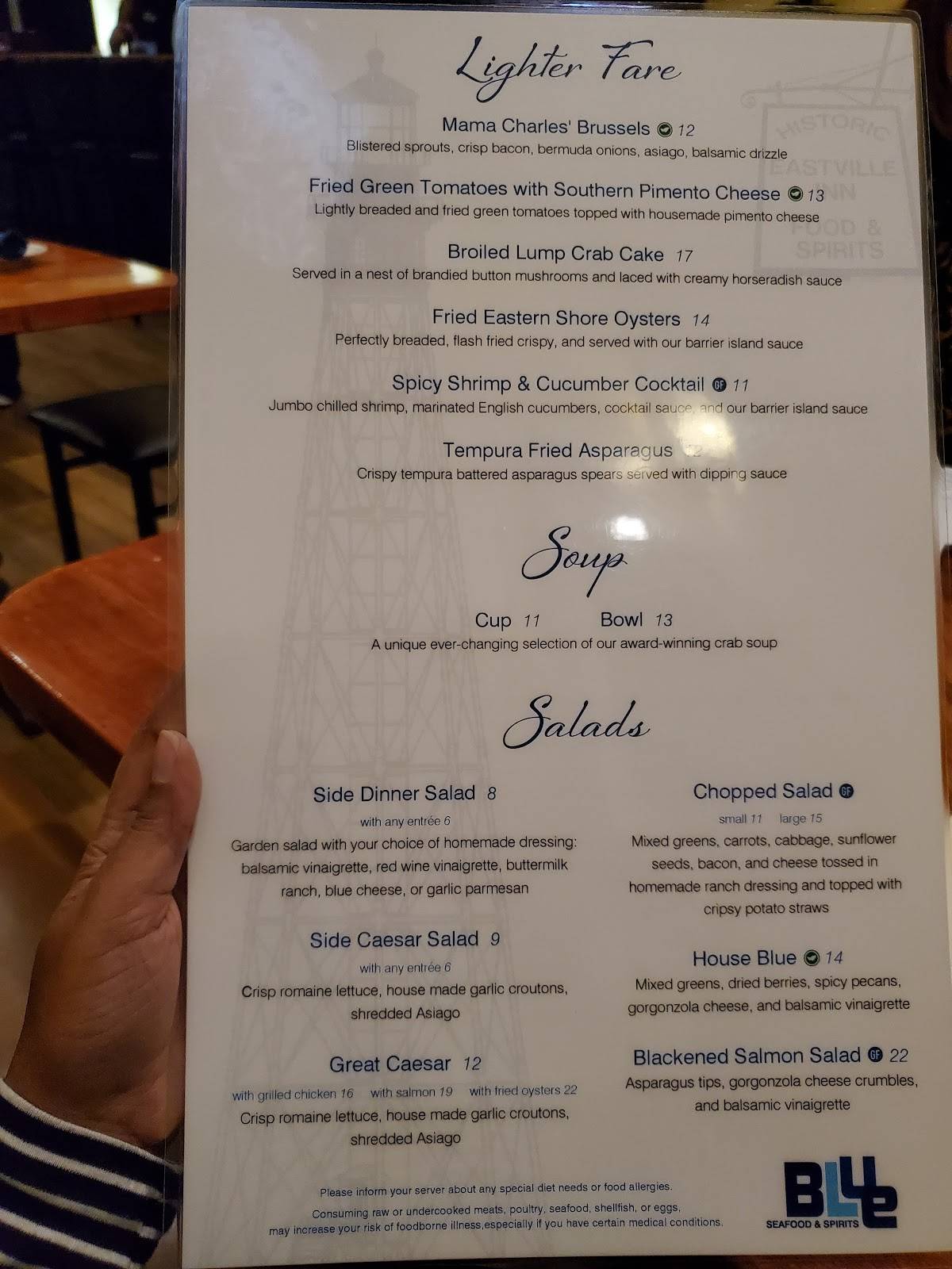 Menu at Blue Seafood & Spirits pub & bar, Virginia Beach