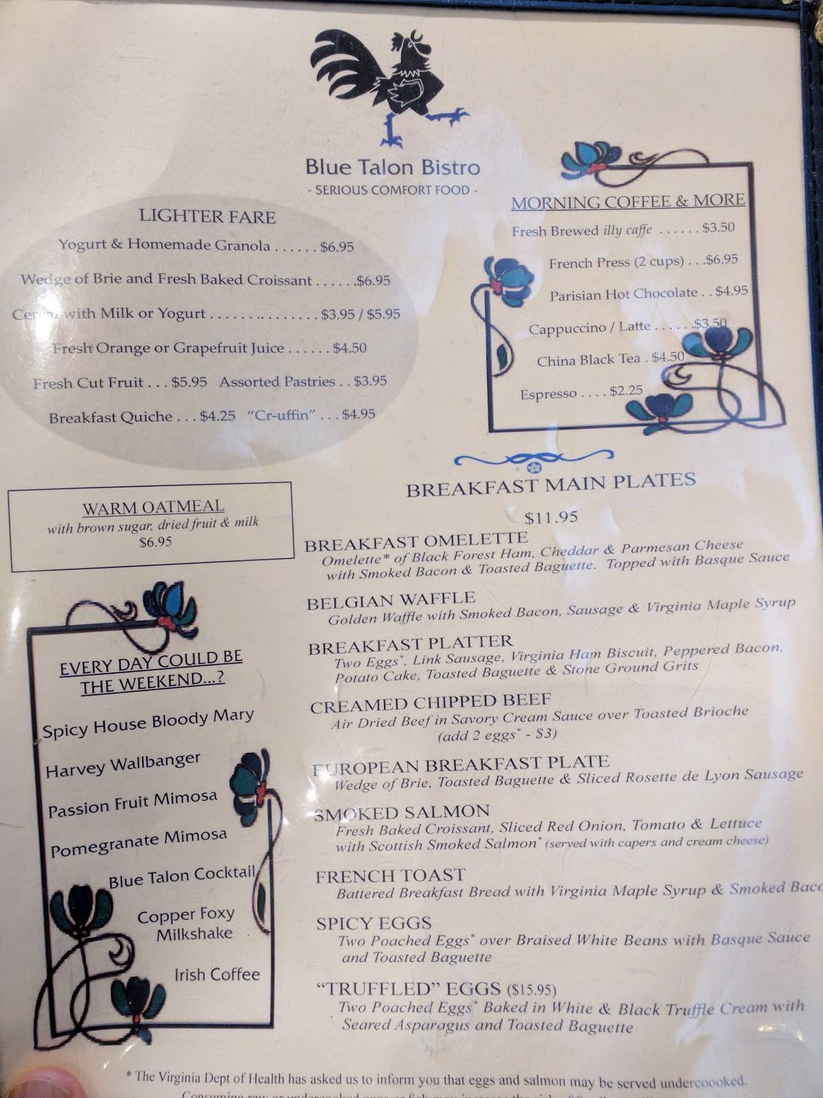 Menu at Blue Talon Bistro pub & bar, Williamsburg
