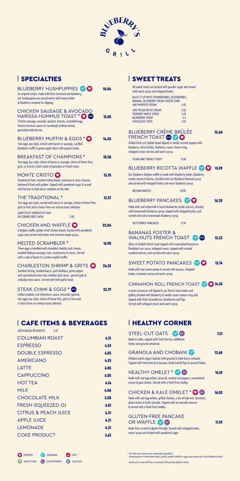 Menu at Blueberry's Grill restaurant, Myrtle Beach, N Kings Hwy #140