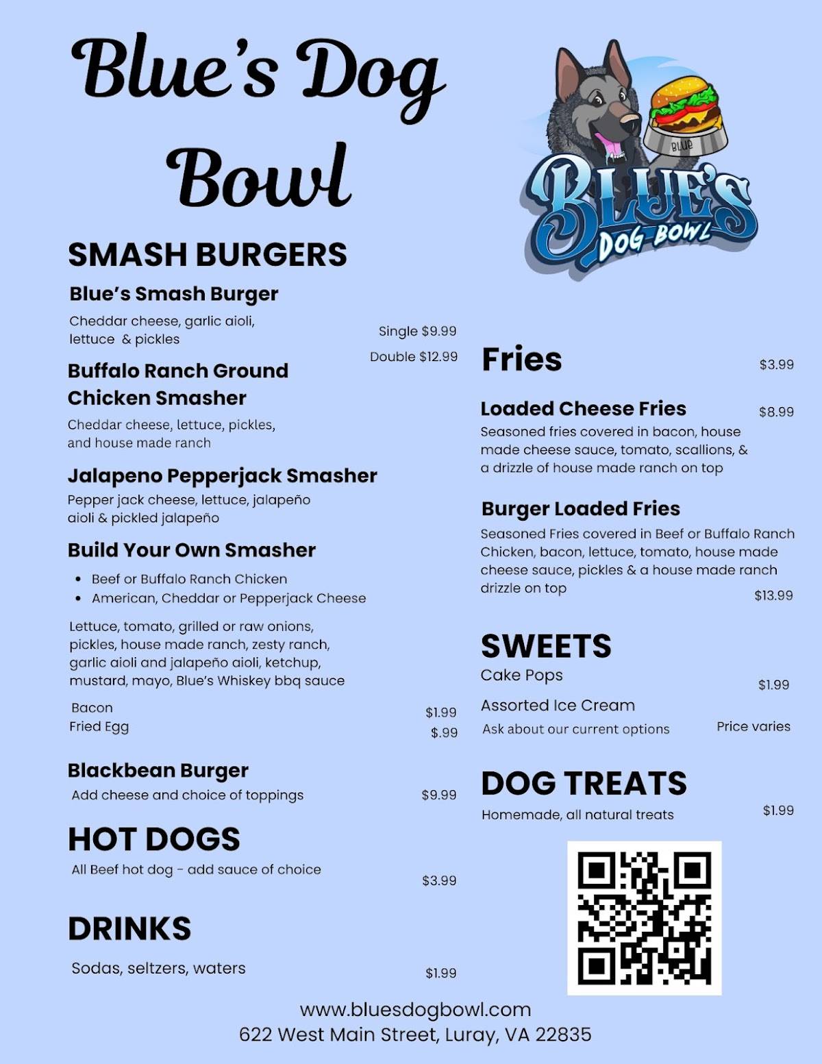 Menu at Blue's Dog Bowl restaurant, Luray