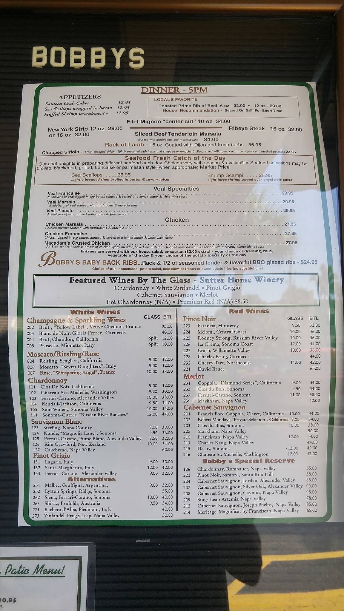 Menu at Bobby's Restaurant & Lounge, Vero Beach