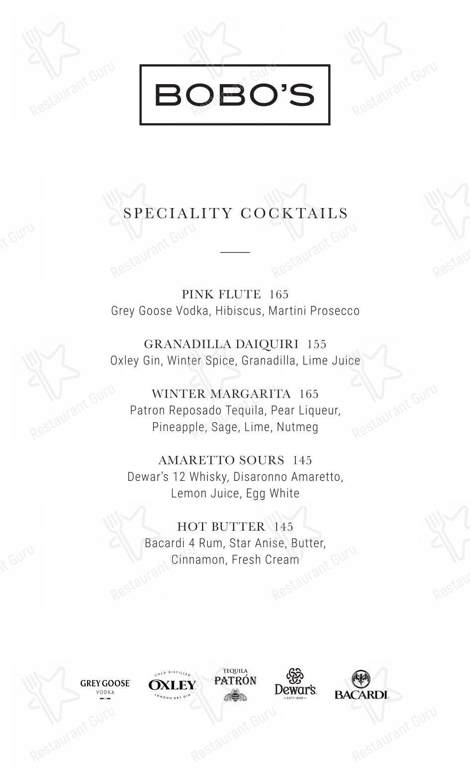 Menu at Bobo's by Kove Collection restaurant, Cape Town