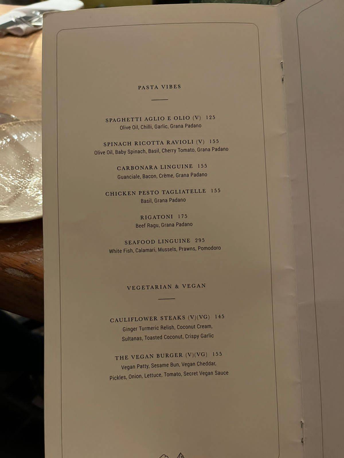 Menu at Bobo's restaurant, Cape Town