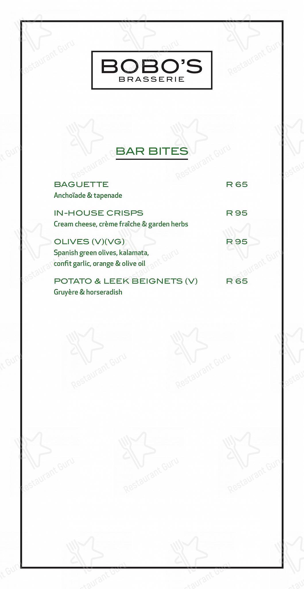 Menu at Bobo's by Kove Collection restaurant, Cape Town