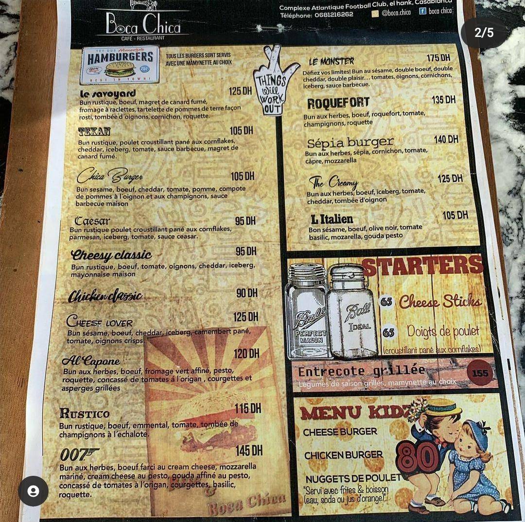 Menu au Boca Chica restaurant, Casablanca