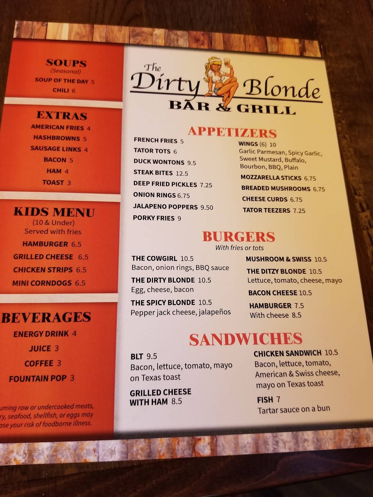 Menu at The Dirty Blonde Bar & Grill, Bock