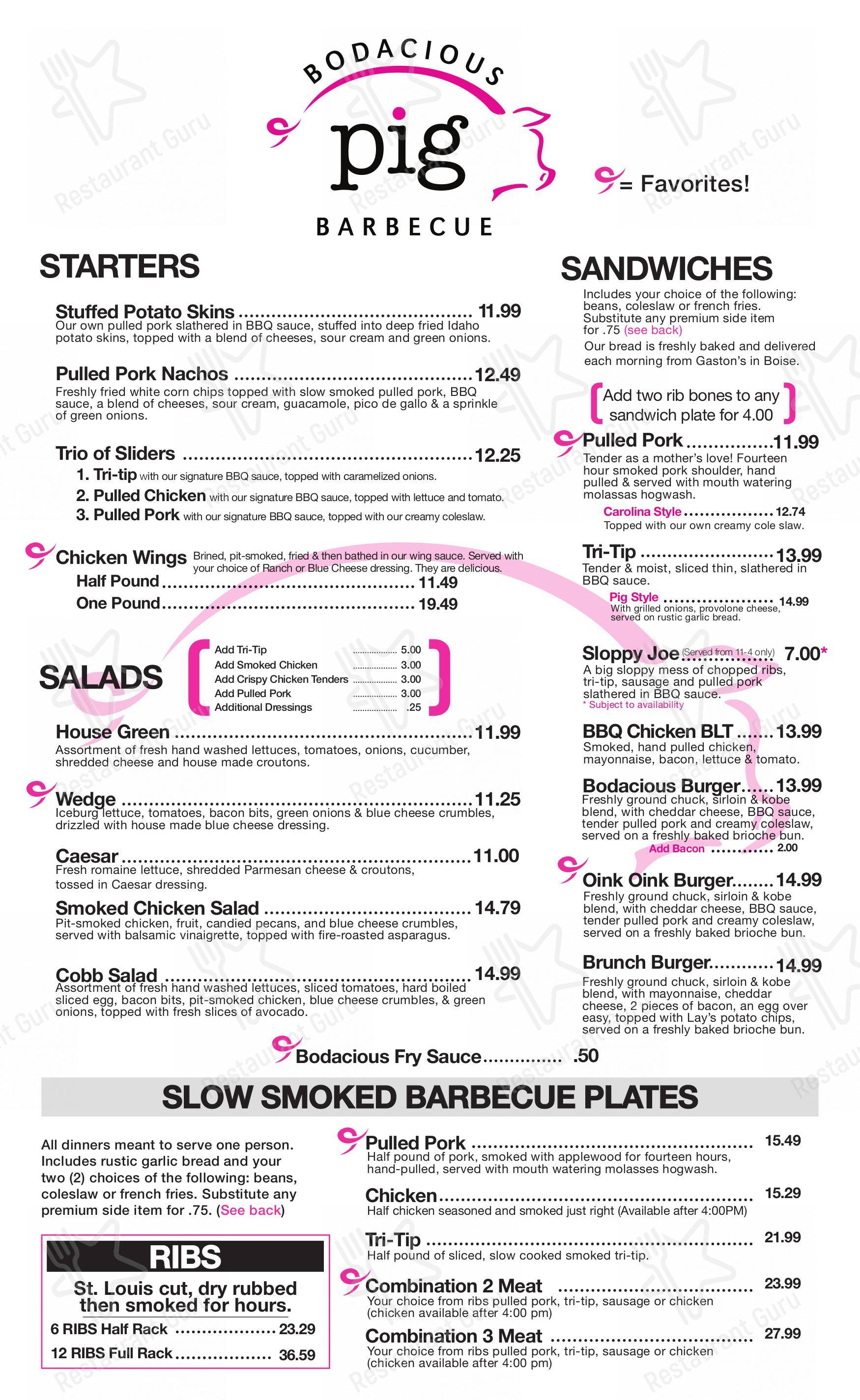 Menu at Bodacious Pig Barbecue, Eagle