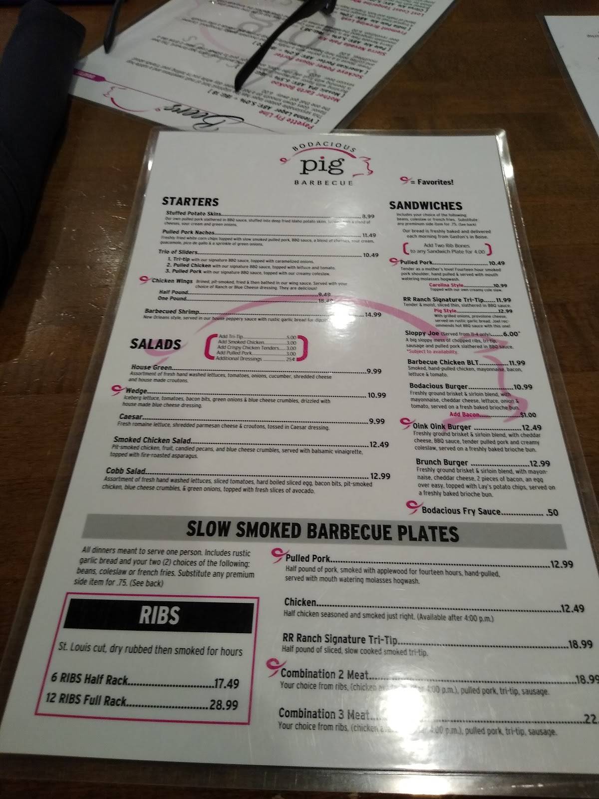 Menu at Bodacious Pig Barbecue, Eagle
