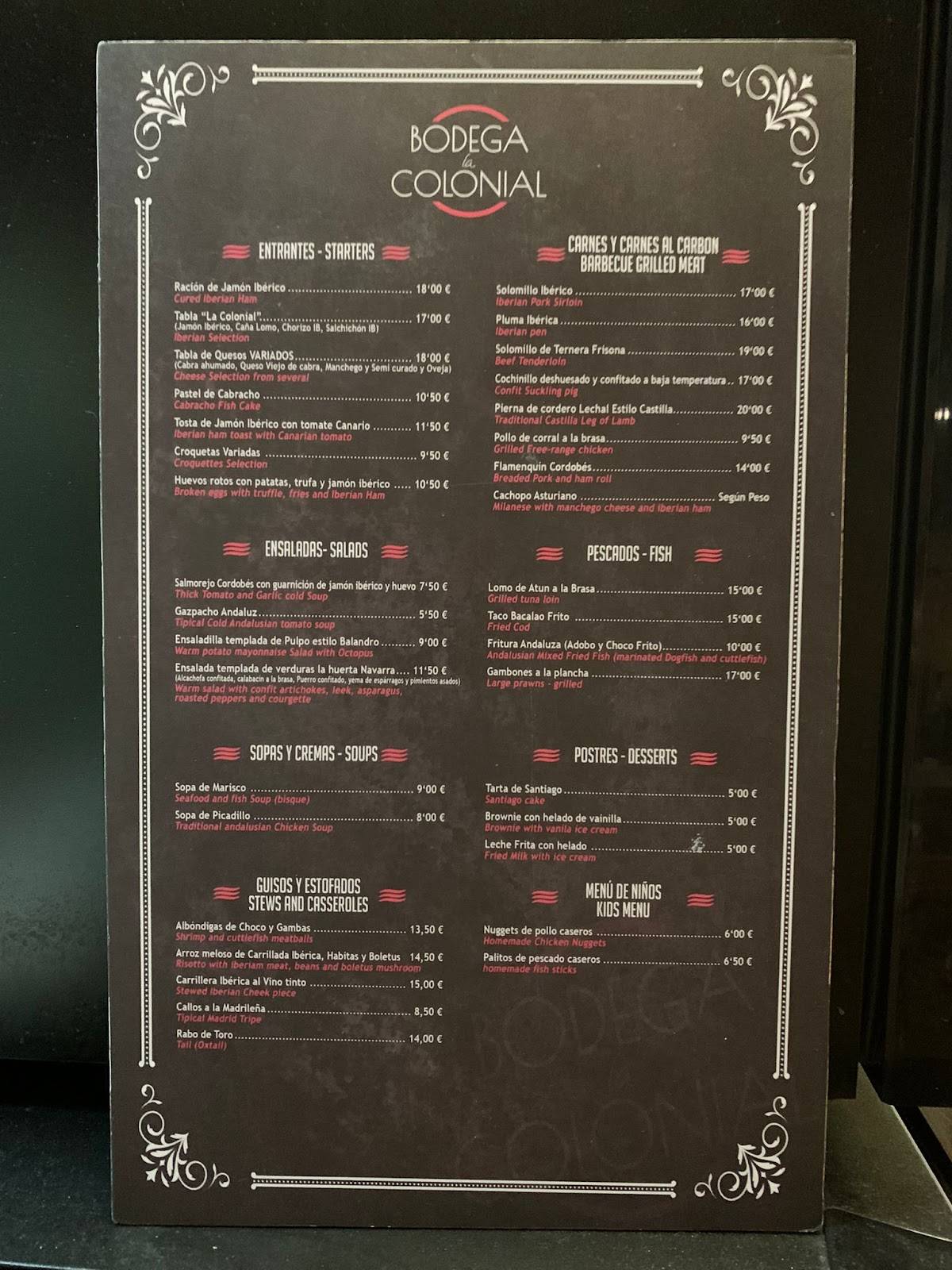Menu at Bodega La Colonial restaurant, Playa Blanca