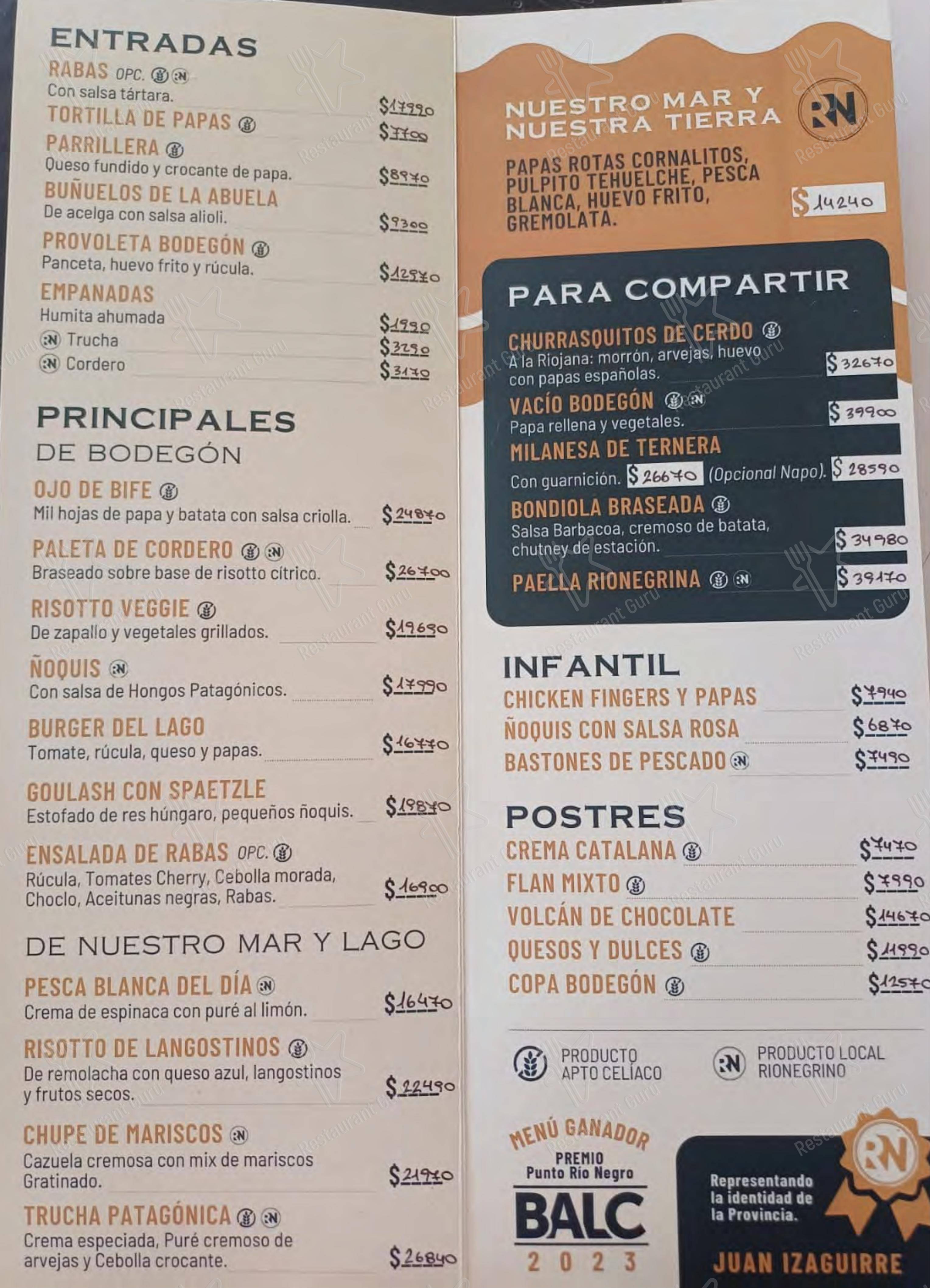 Carta del restaurante Bodegón del Lago, San Carlos del Bariloche