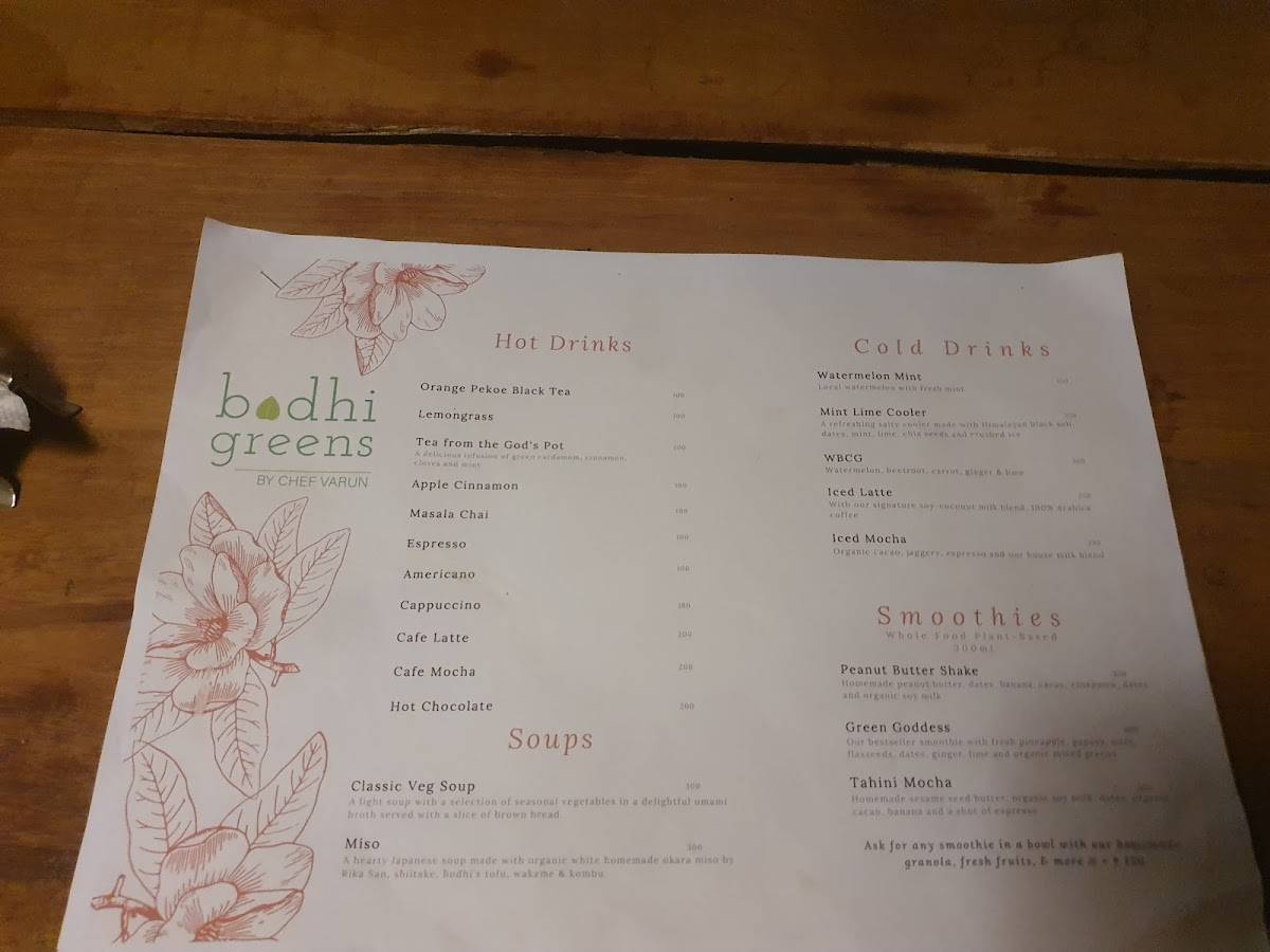 Menu at Bodhi Greens, Arambol, 222