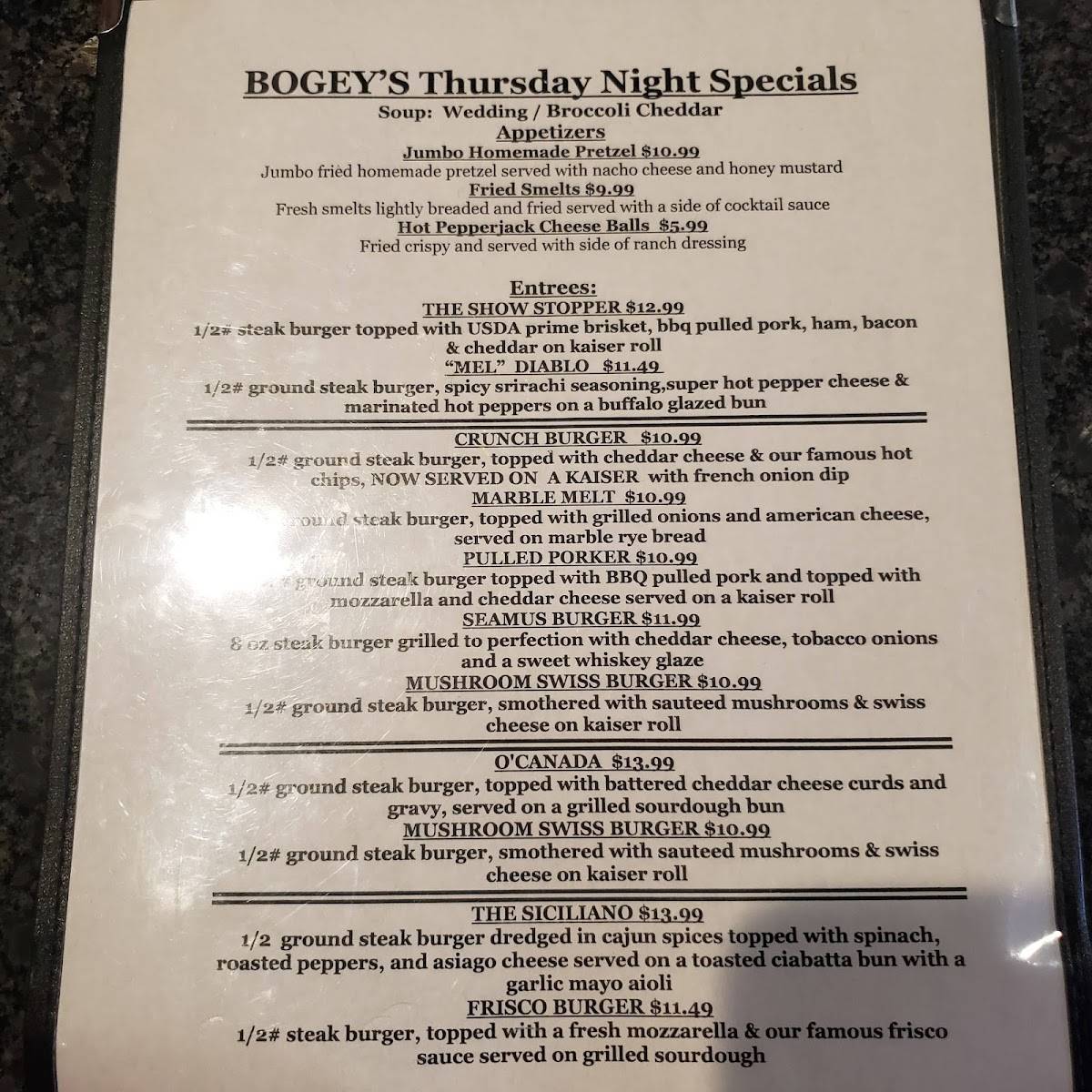 Menu at Bogey's Bar & Grill, Lowellville, Upland Ave