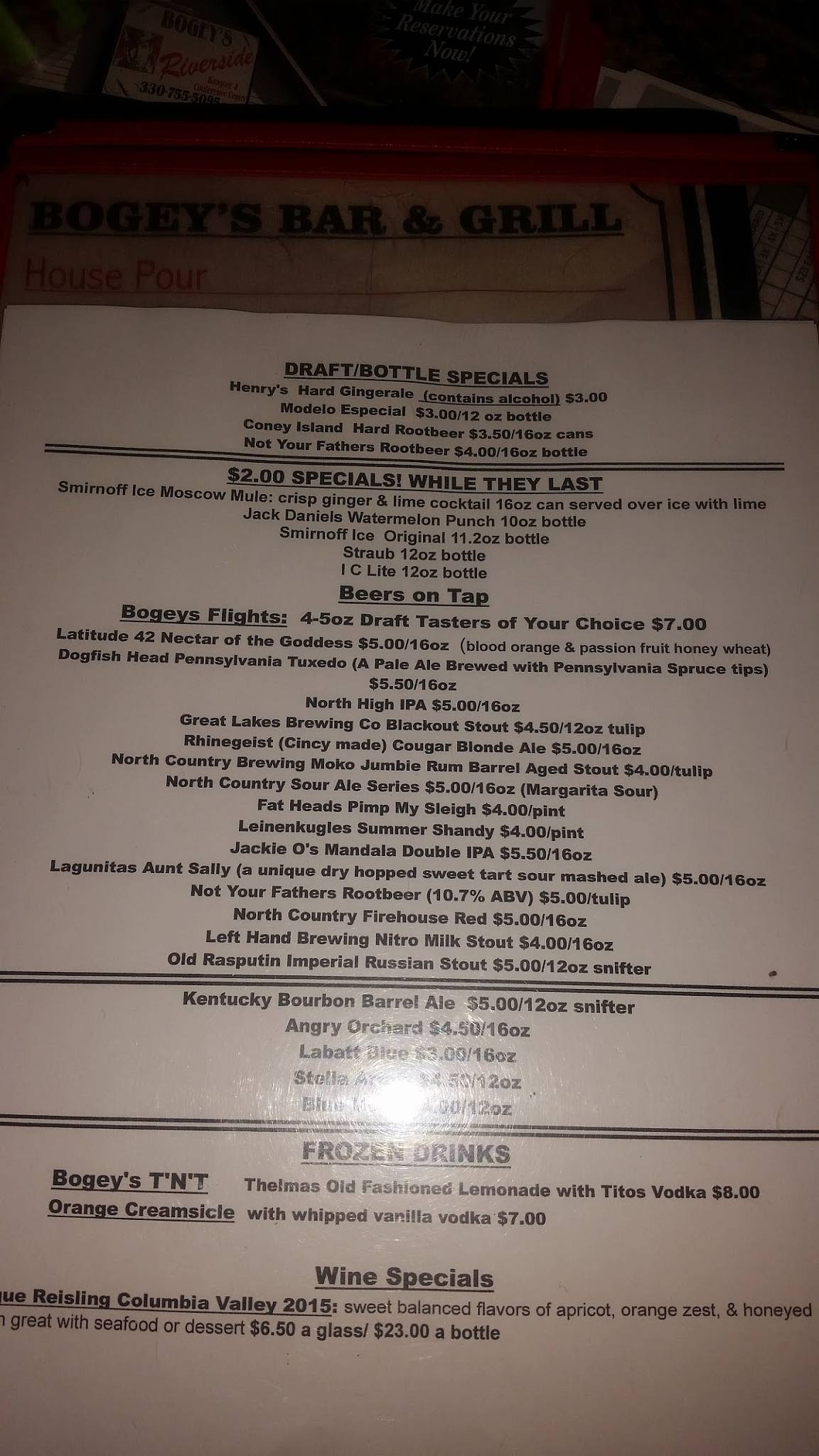 Menu at Bogey's Bar & Grill, Lowellville, Upland Ave