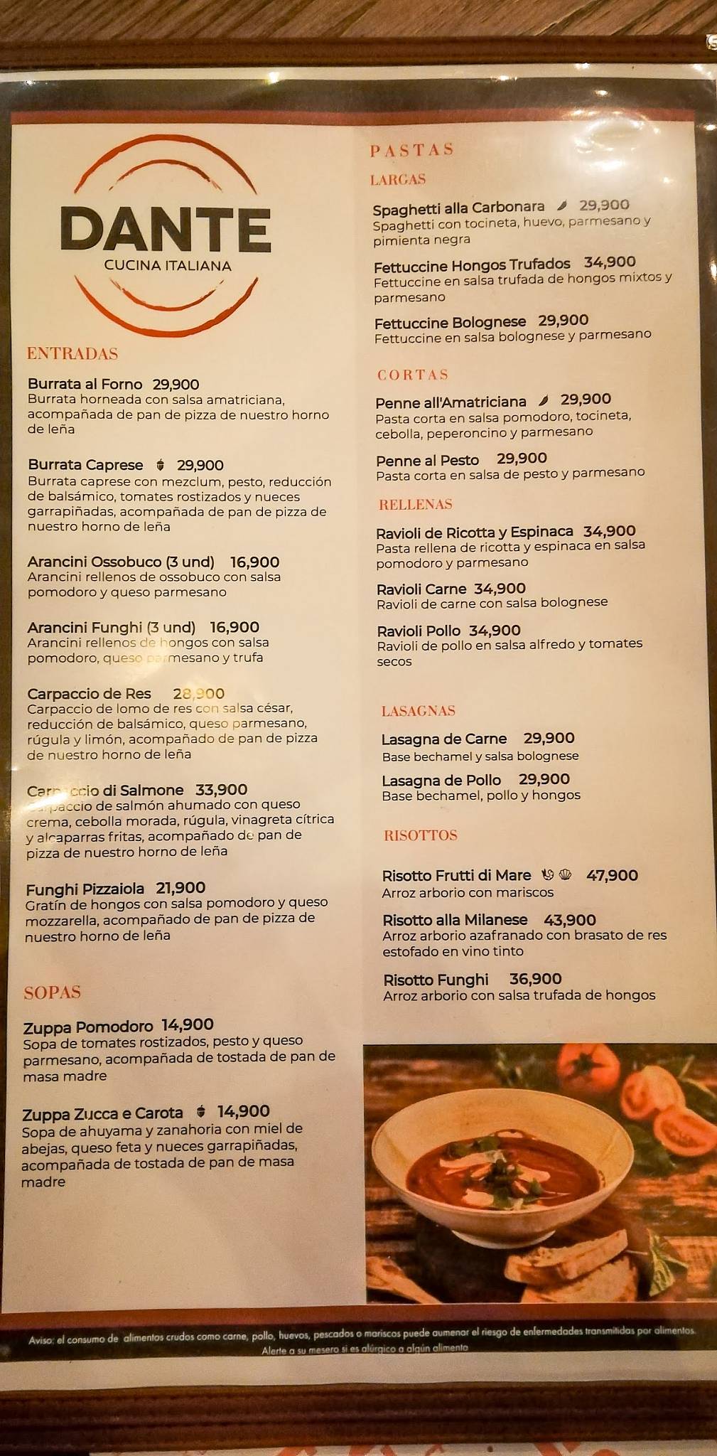 Carta del restaurante Dante Cucina Italiana, Bogotá, Centro Comercial ...