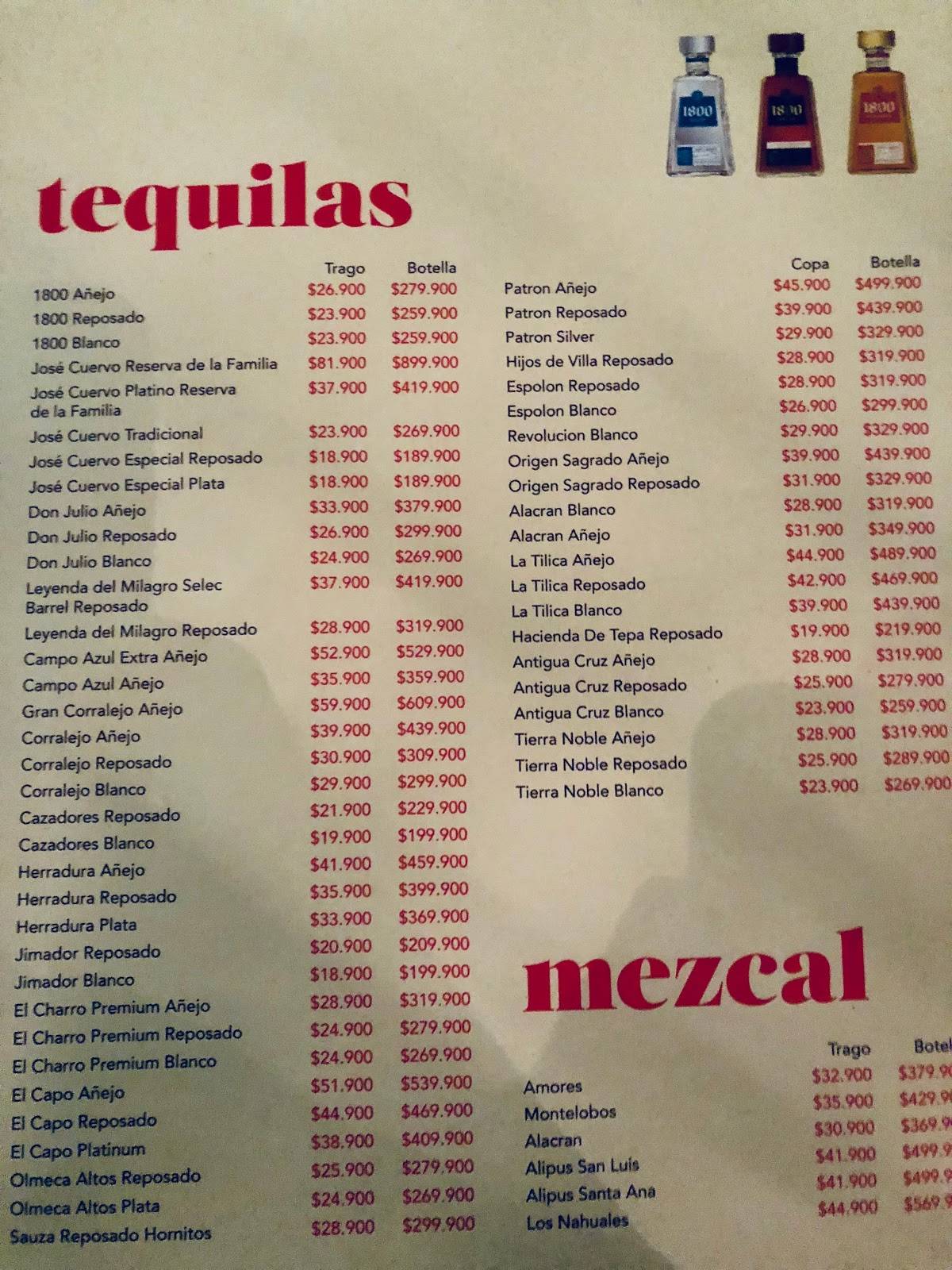 Carta del restaurante El Techo Mexicano, Bogotá