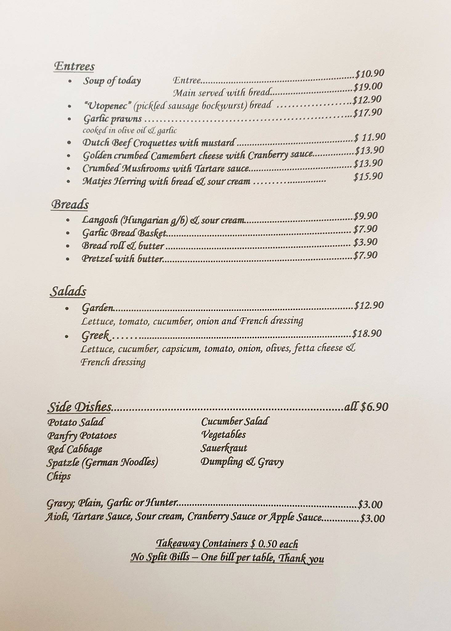 Menu at Bohemian Euro Restaurant, Narellan