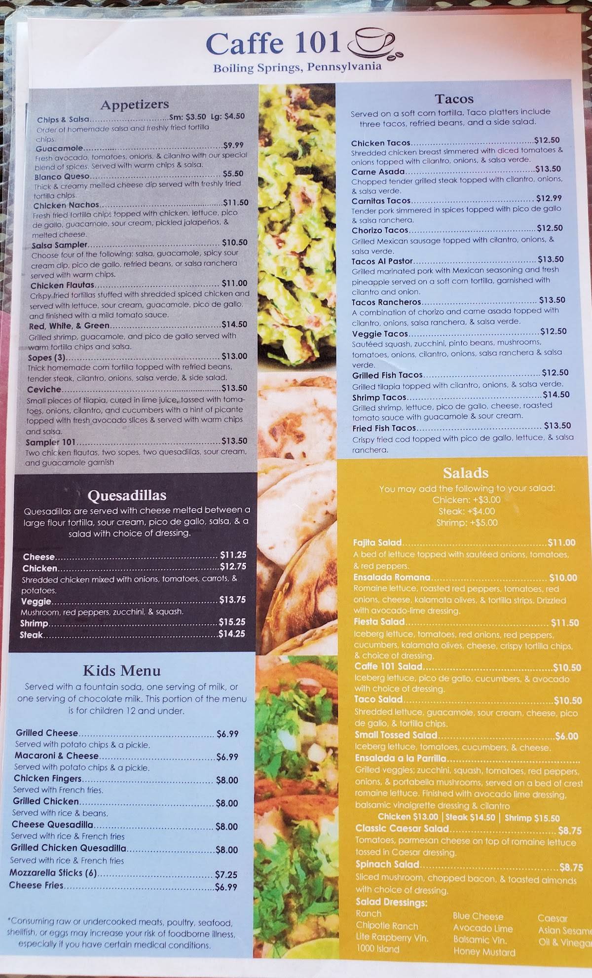 Menu at Caffe 101 cafe, Boiling Springs, 101 Front St