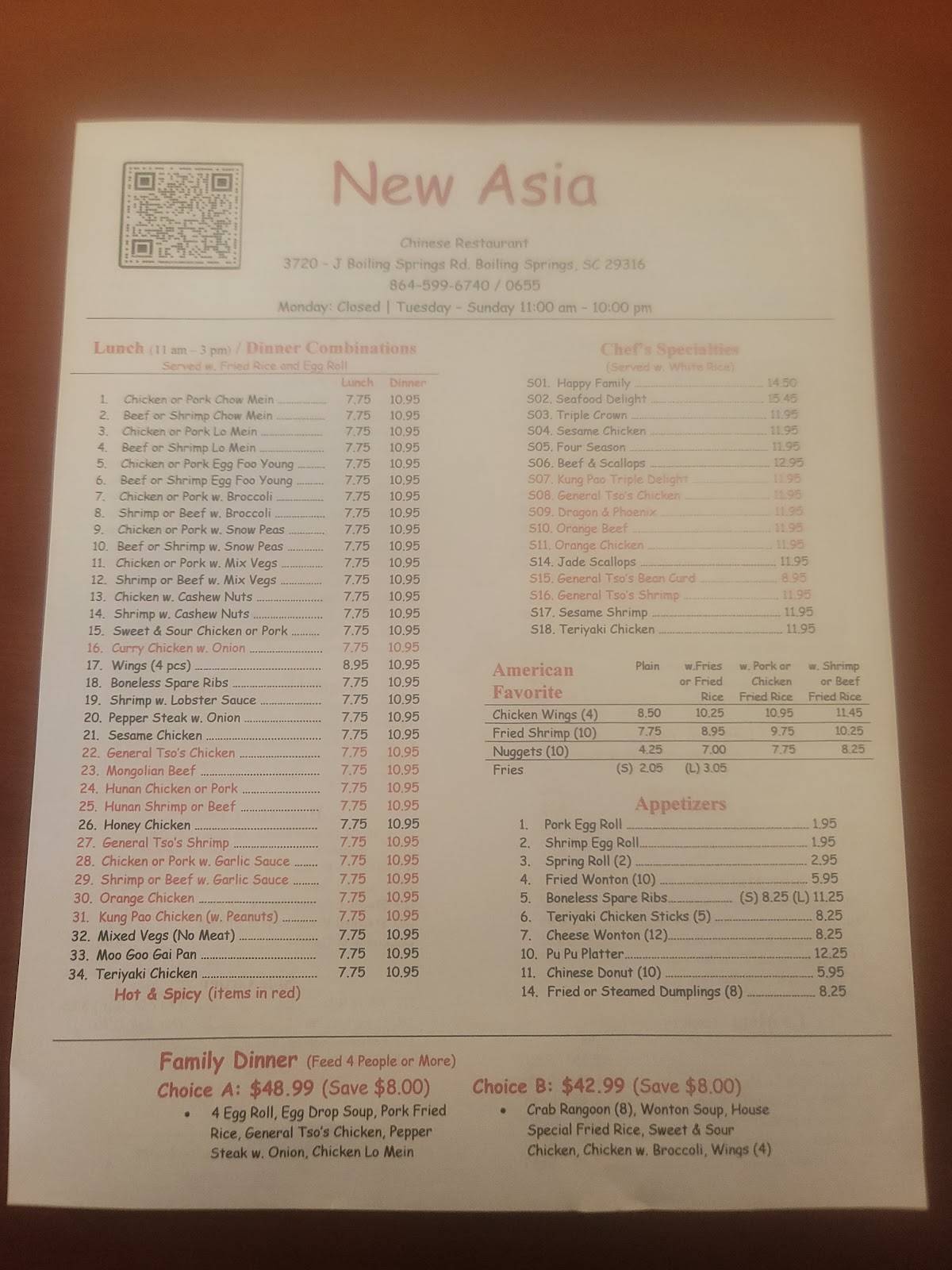 Menu at New Asia Chinese Restaurant, Boiling Springs