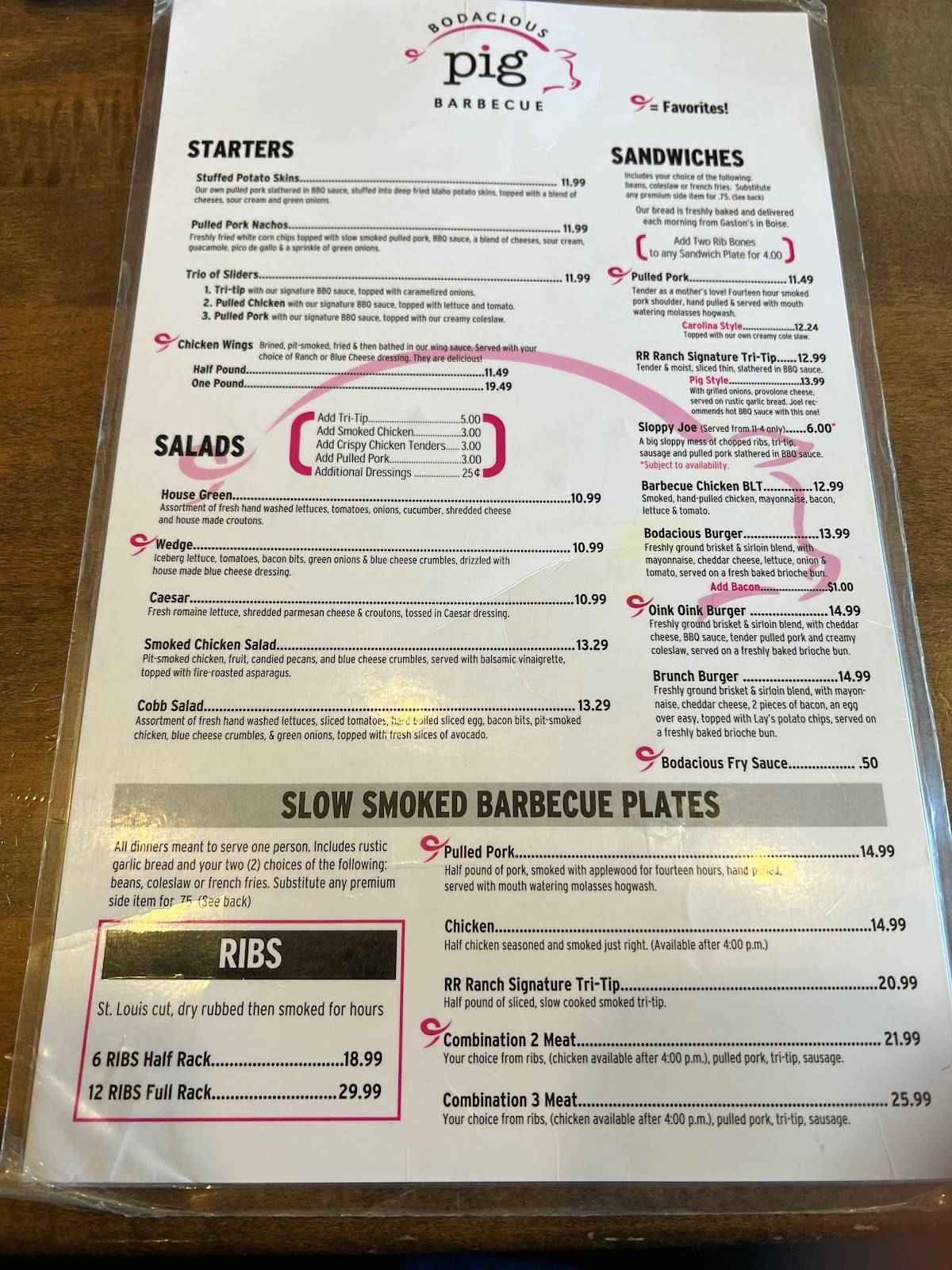 Menu at Bodacious Pig Barbecue, Eagle