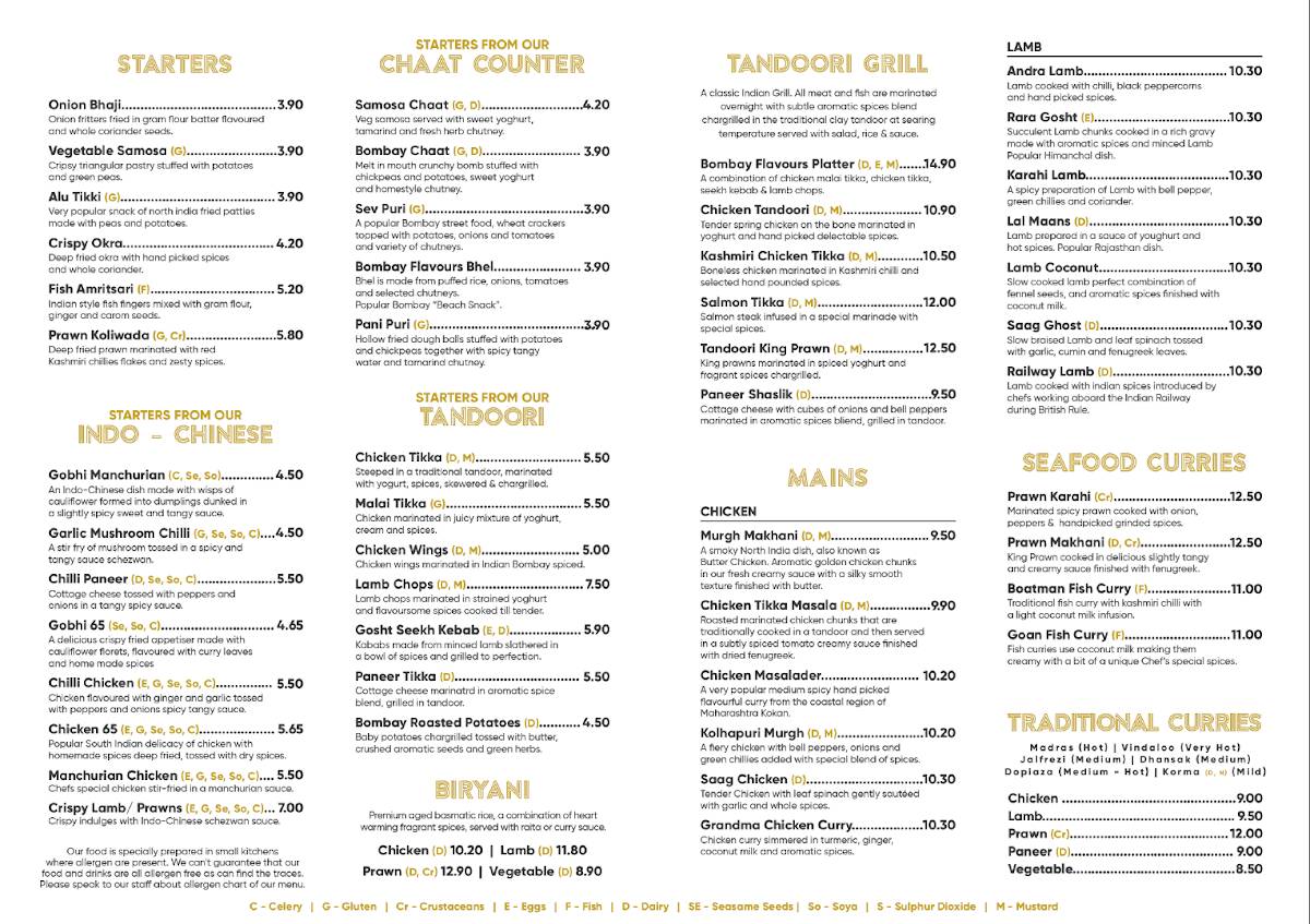 Menu at Bombay Flavours restaurant, Manchester
