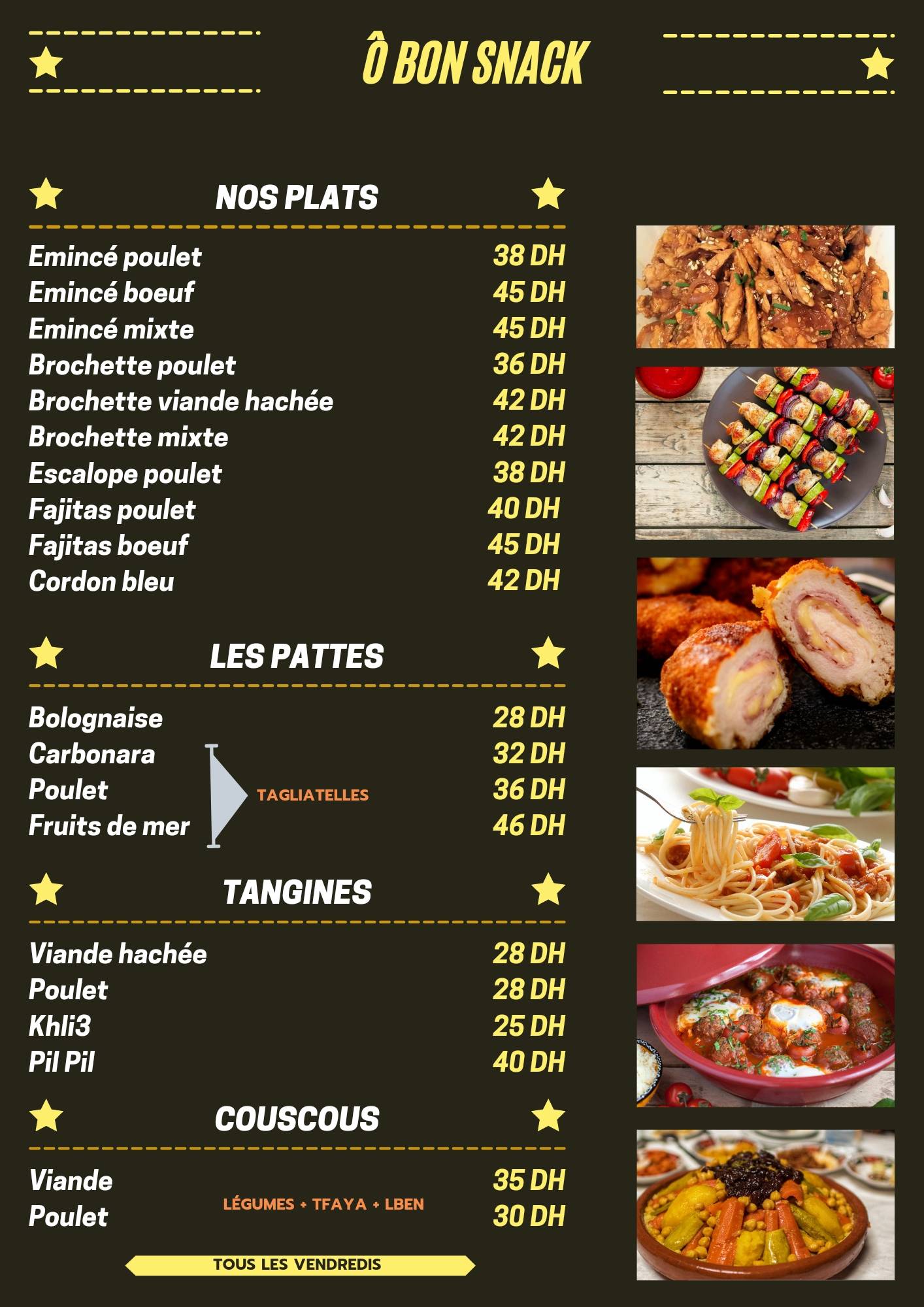 Menu au Ô Bon Snack restaurant, Maroc