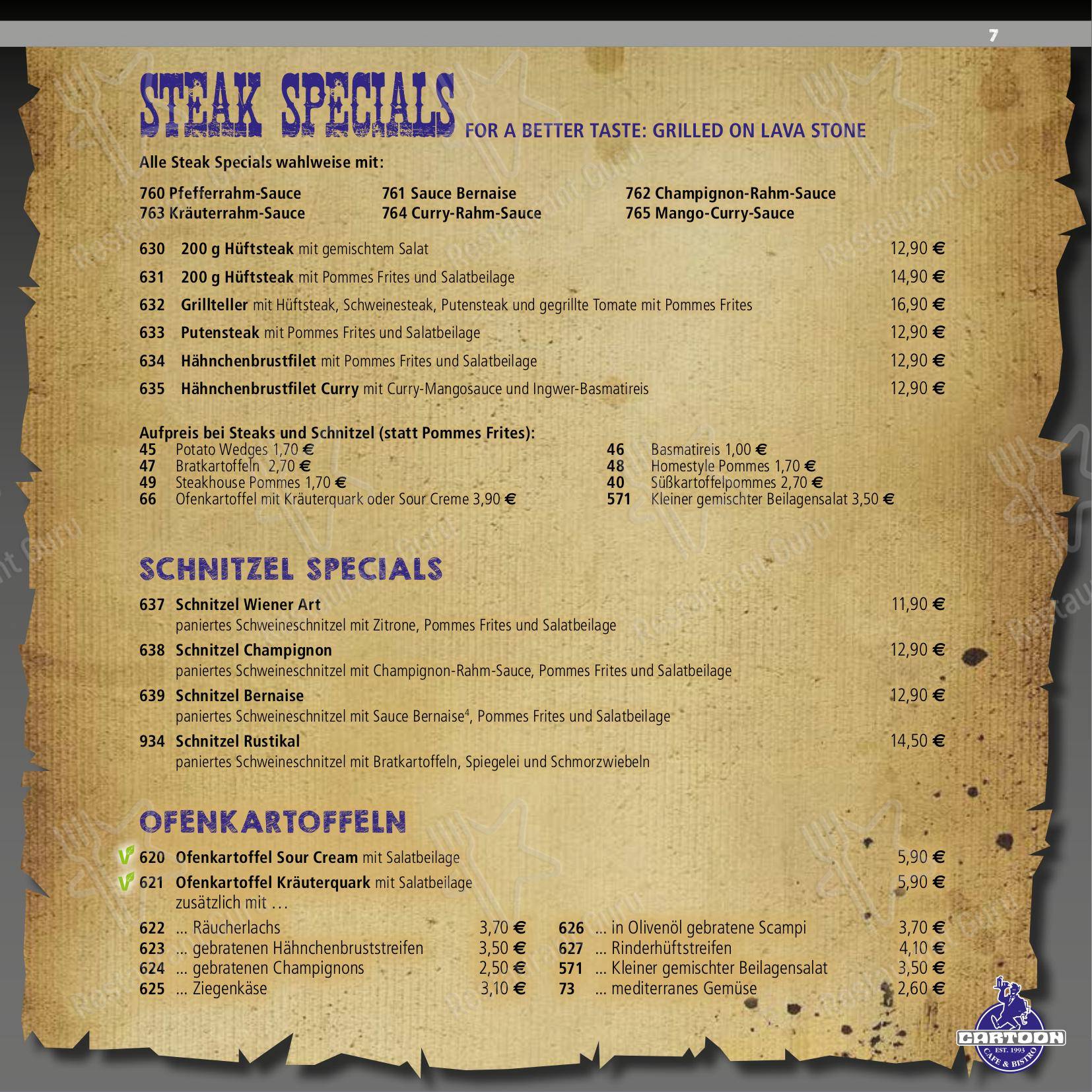 Speisekarte von Cafe Bistro Cartoon, Bonn