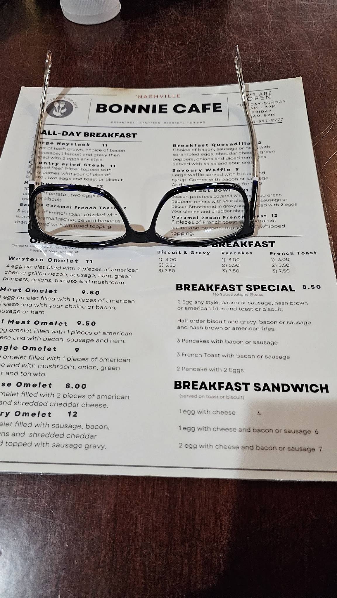 Menu at Bonnie Cafe, Nashville