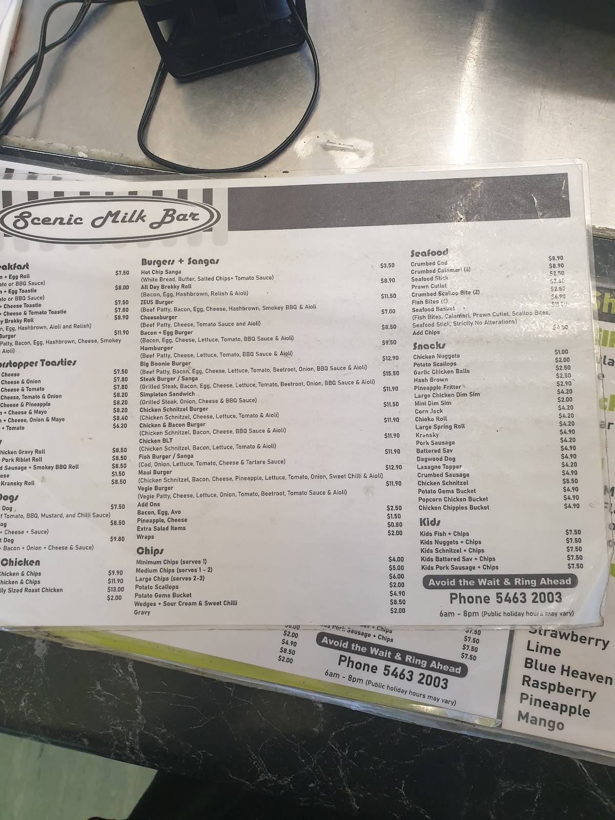 Menu at Scenic Milk Bar, Boonah
