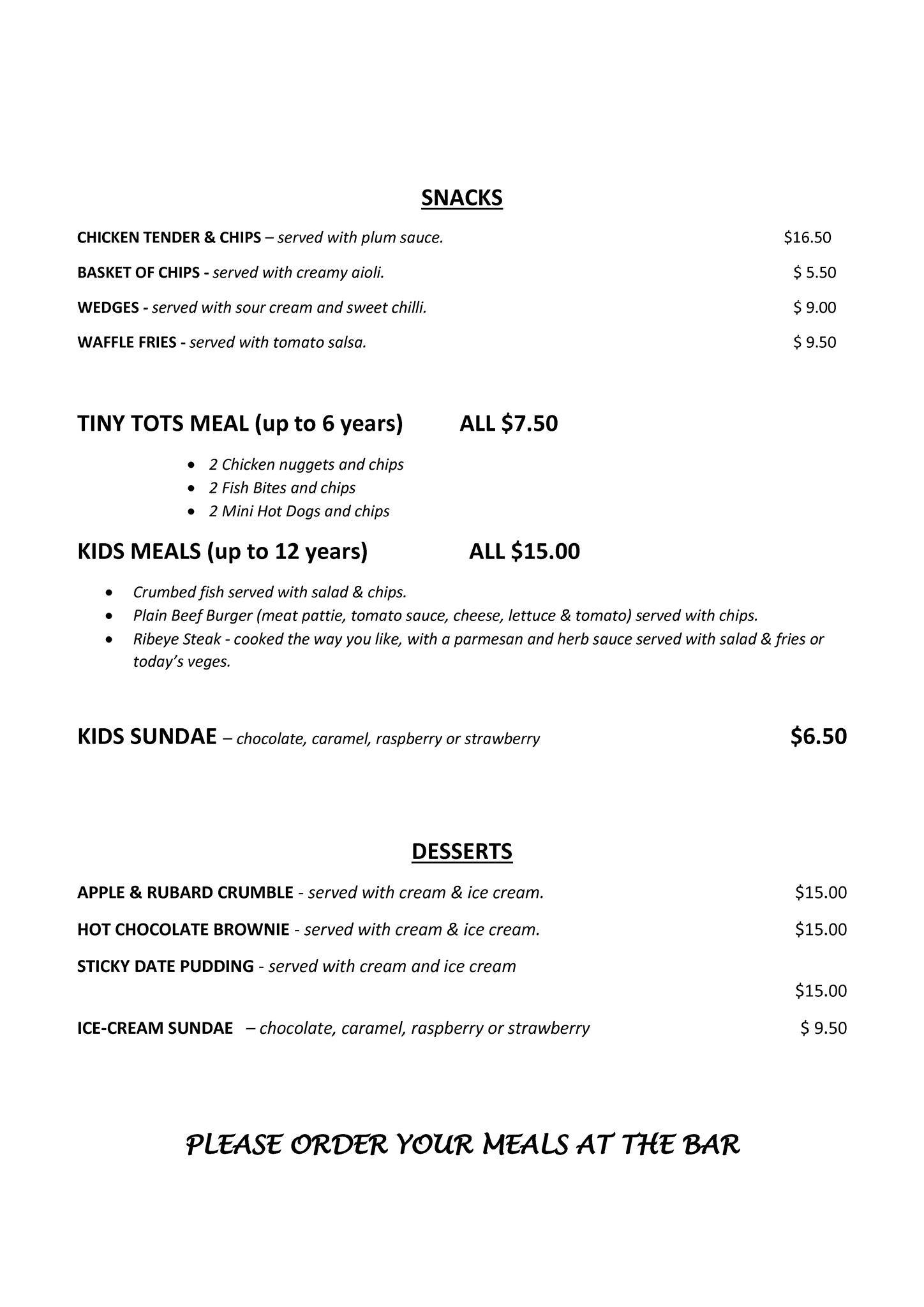 Menu at Boots and Jandals restaurant, Omarama