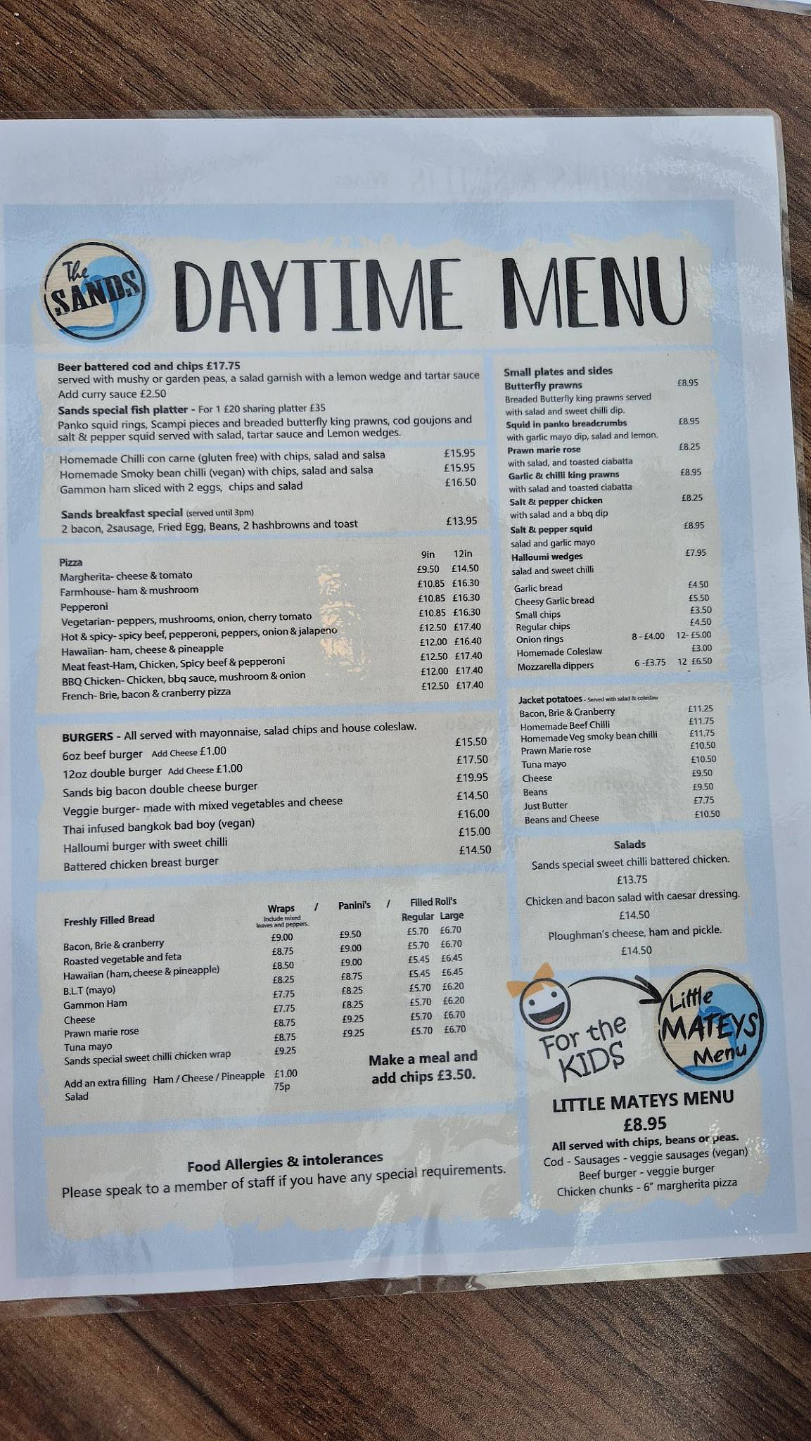 Menu at The Sands cafe, Borth
