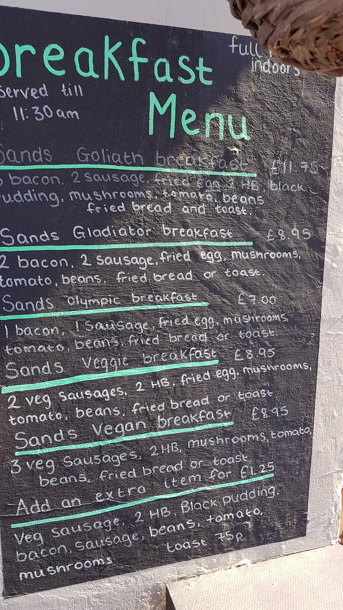 Menu at The Sands cafe, Borth
