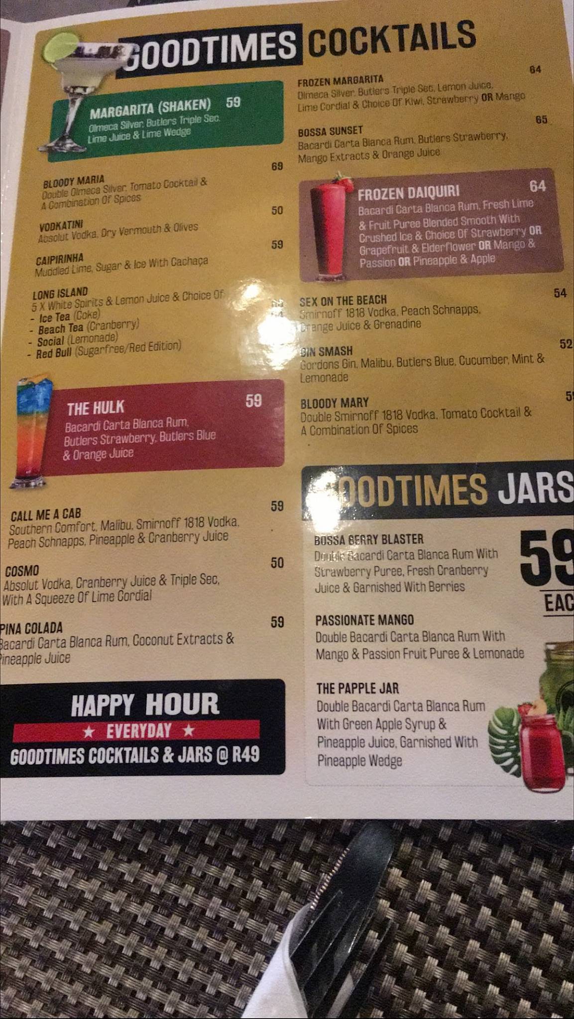 Menu at Bossa Bloemfontein restaurant, Bloemfontein