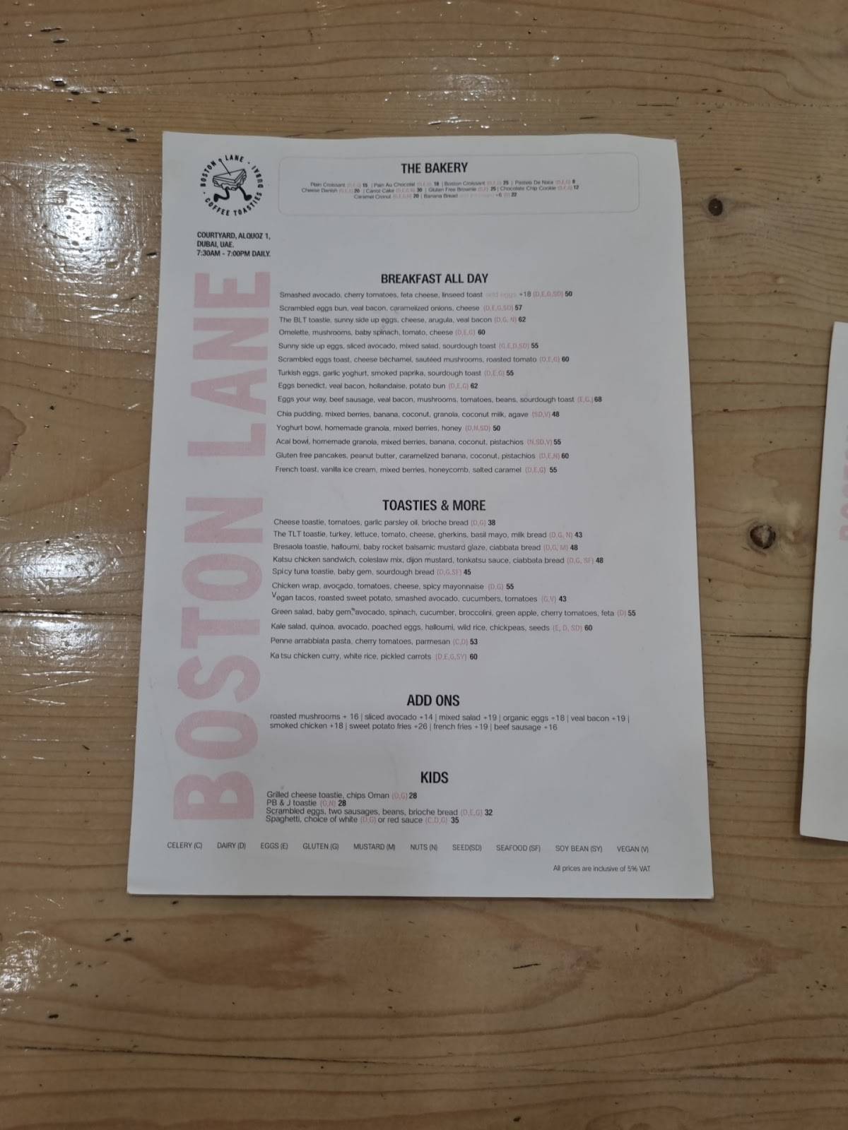 Menu at Boston Lane cafe, Dubai