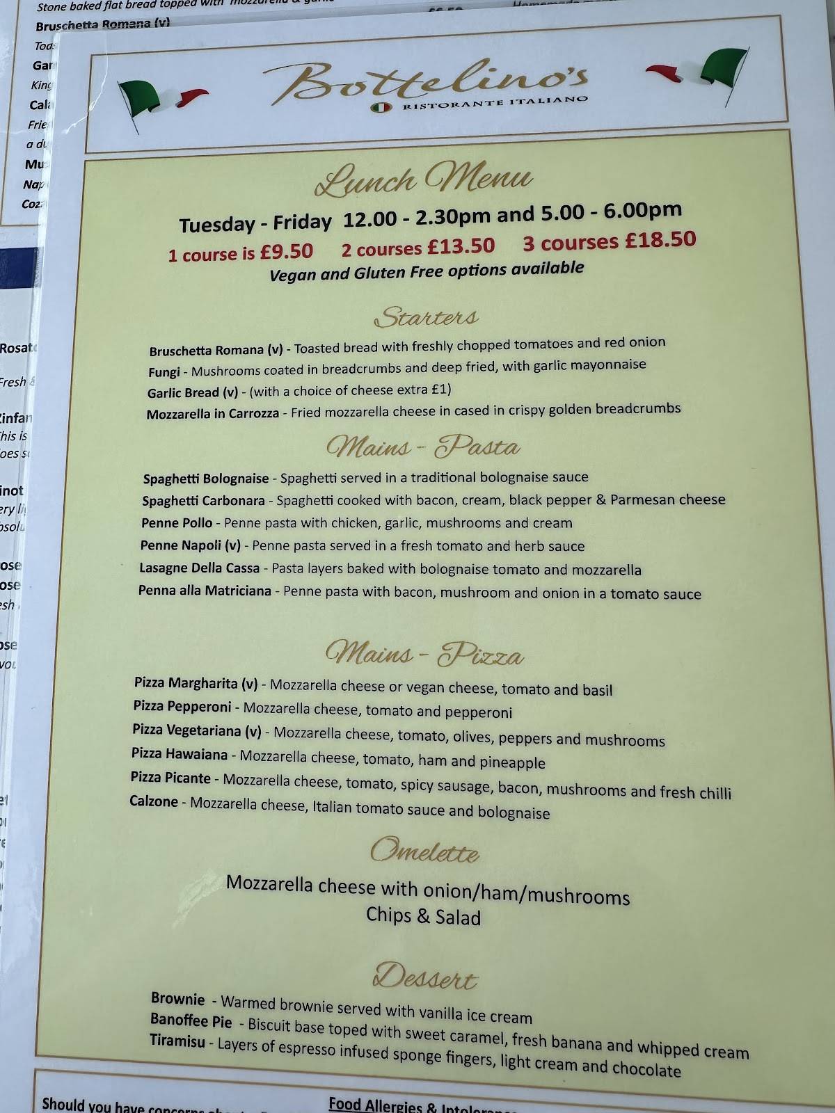 Menu at Bottelino's restaurant, Bristol, Harbour Rd