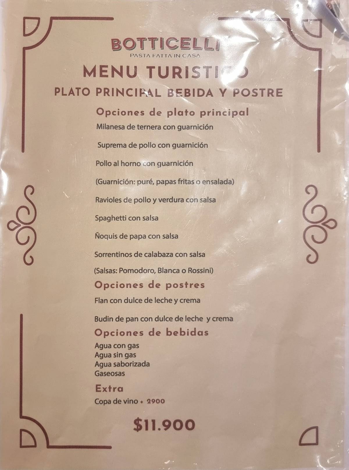 Menu at Botticelli restaurant, San Carlos de Bariloche