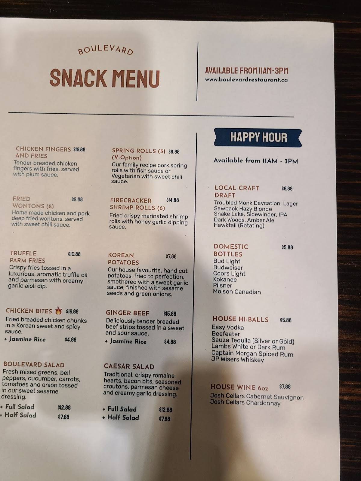 Menu at Boulevard Restaurant and Lounge, Red Deer
