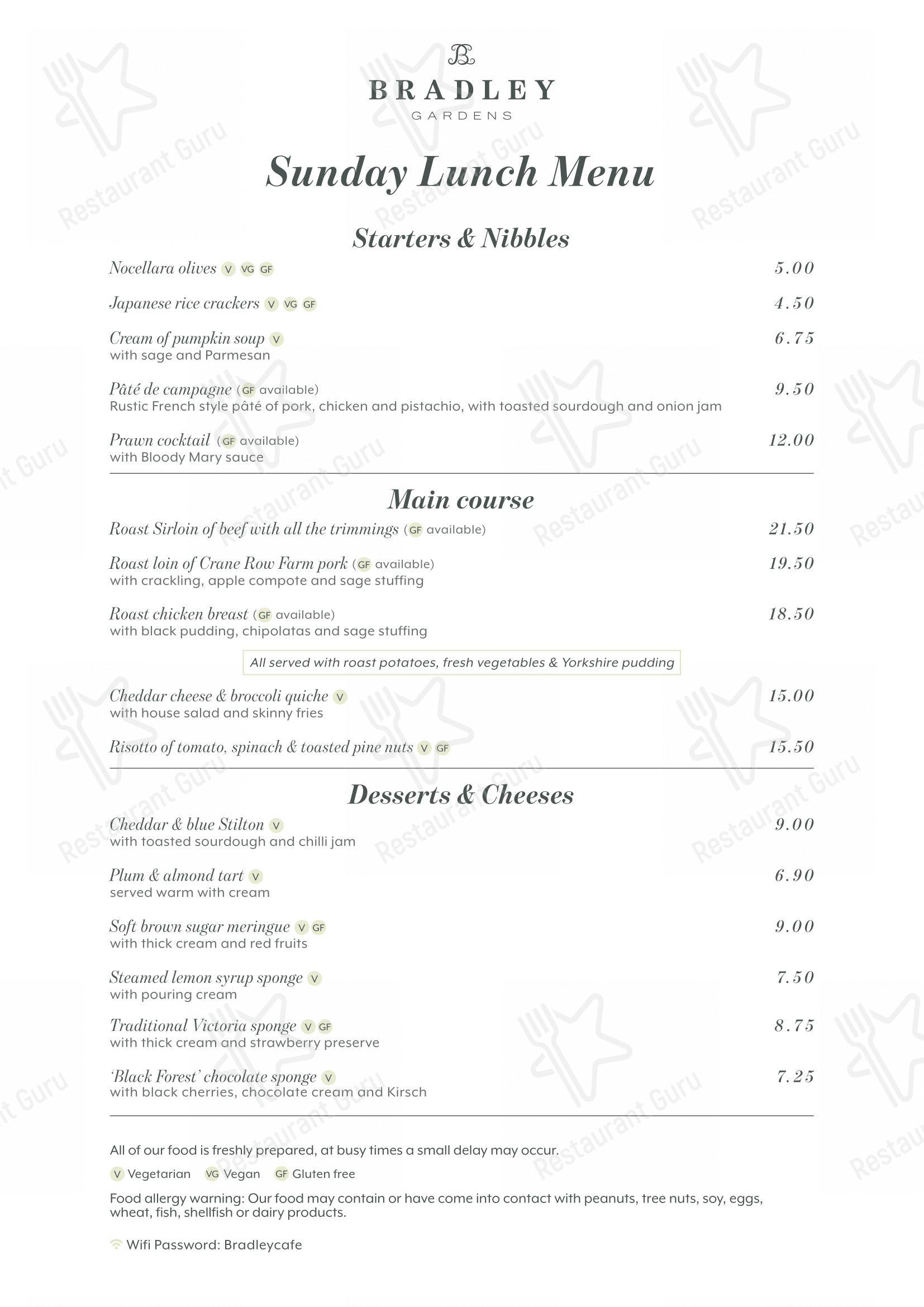 Menu at Bradley Gardens cafe, Wylam