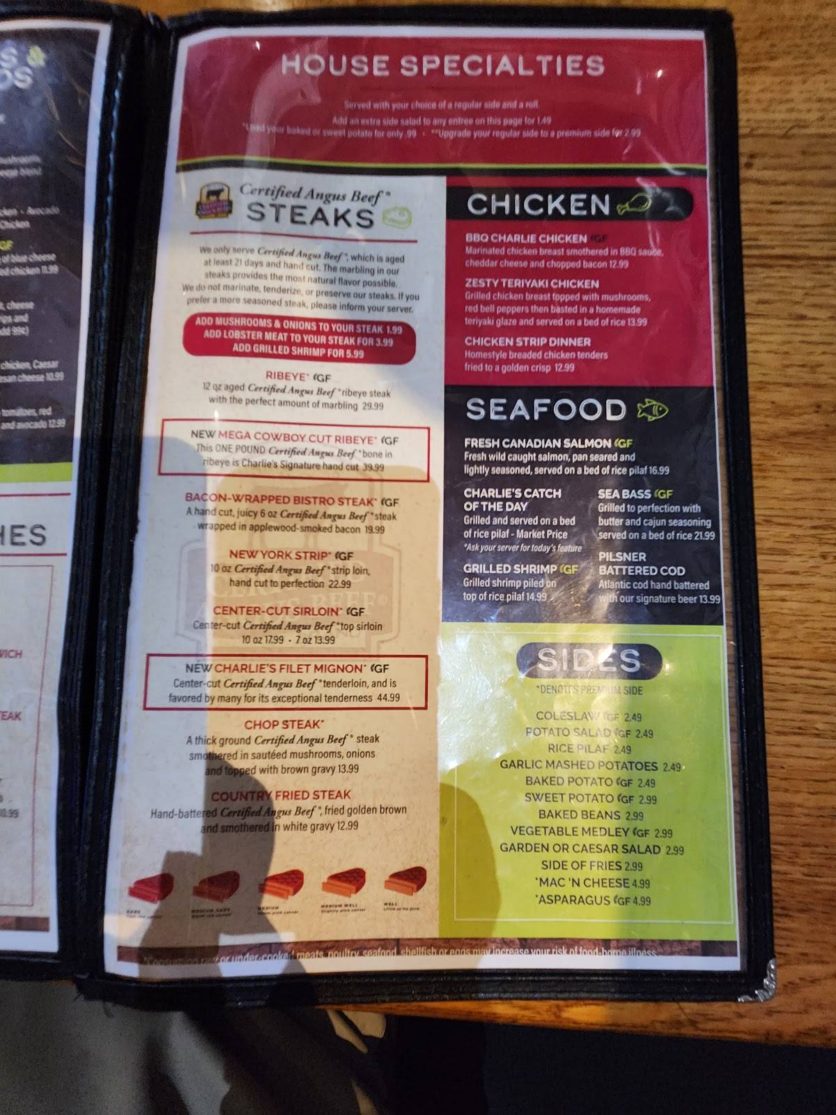 Menu at Charlie's Steak, Ribs & Ale steakhouse, Branson