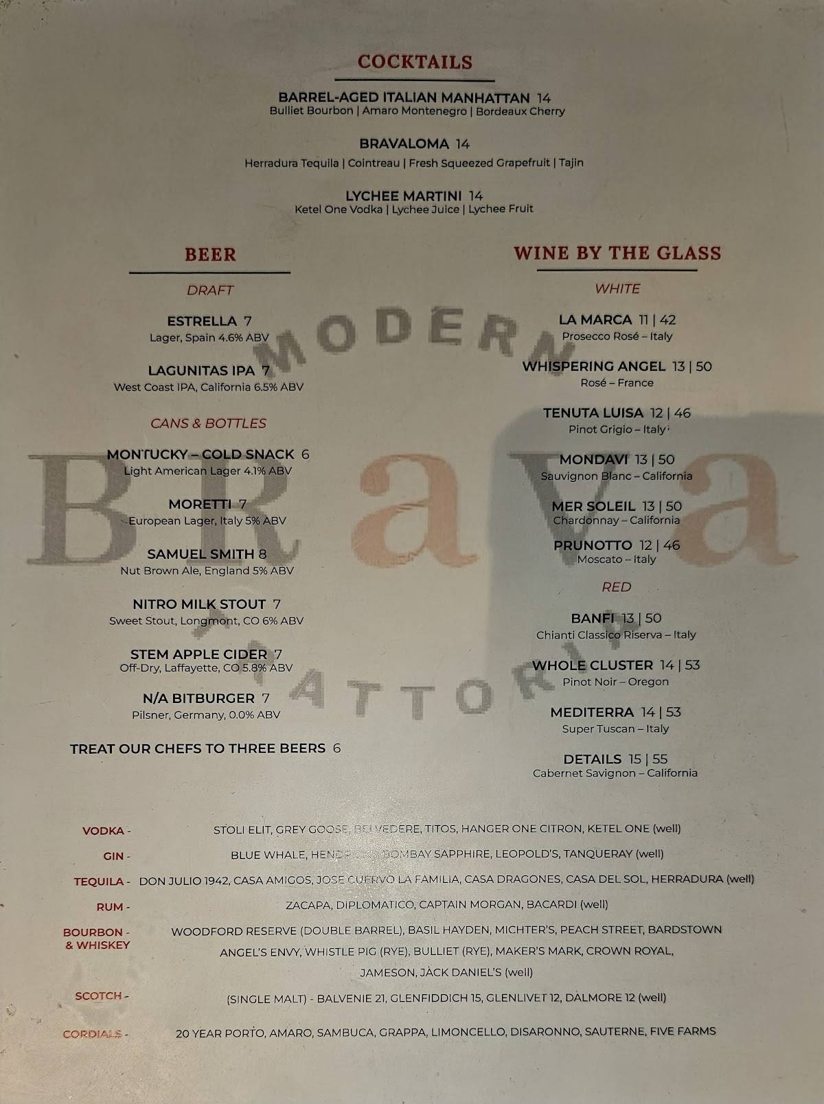 Menu at Brava Modern Trattoria restaurant, Glenwood Springs